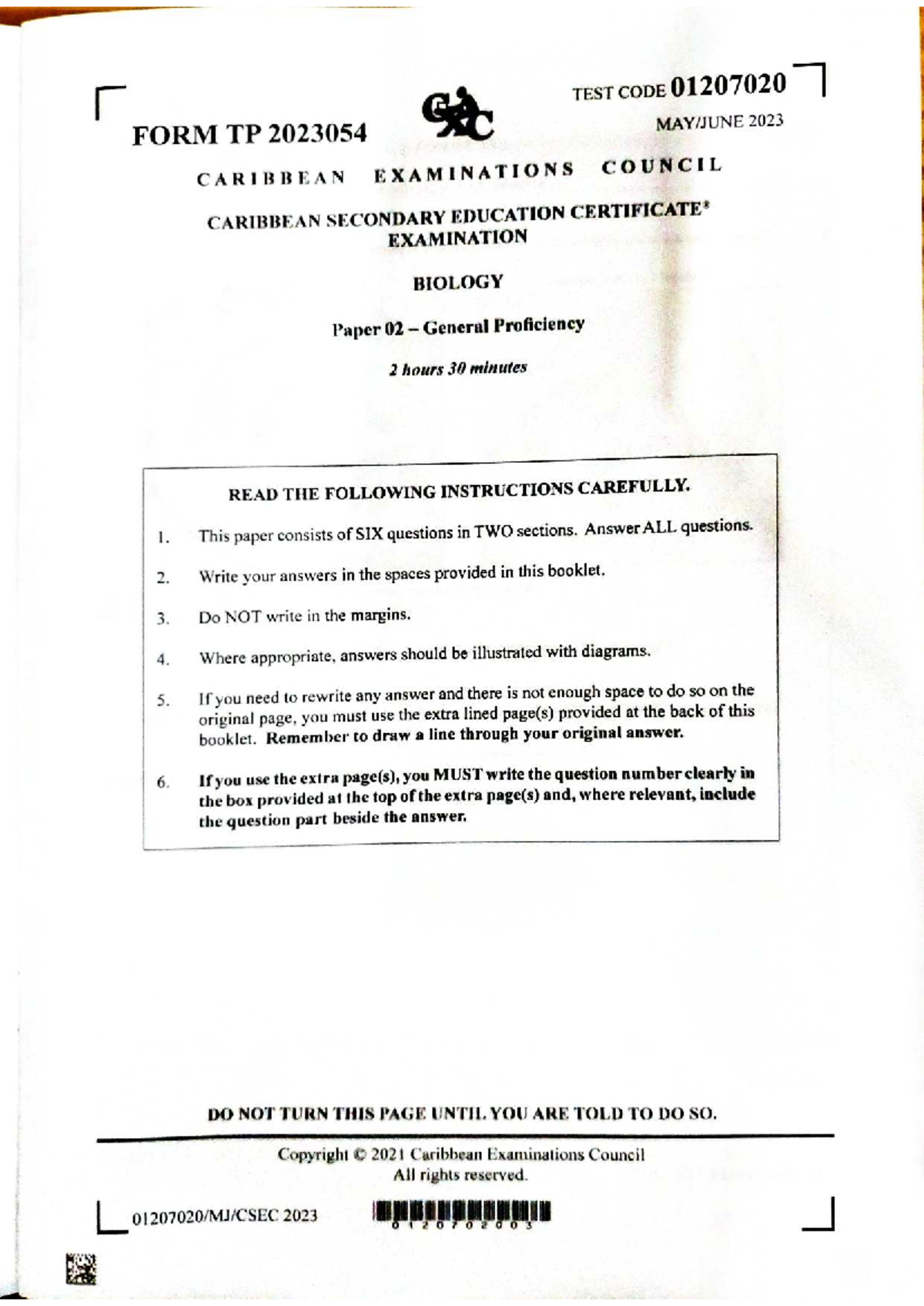 CSEC Biology Paper 02 - May 2023 Exam Guide - Studocu