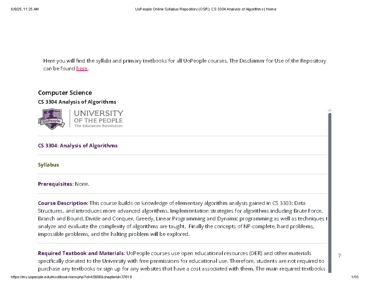 UoPeople CS 3304: Analysis of Algorithms Syllabus Overview - Studocu