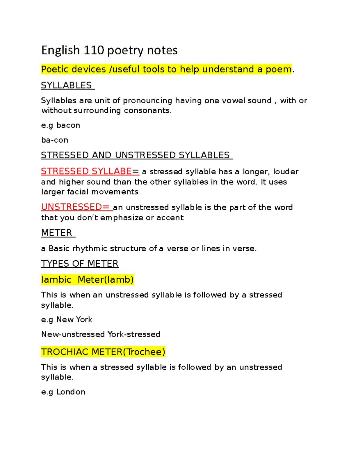 English 110: Notes on Poetry Devices and Analysis Techniques - Studocu