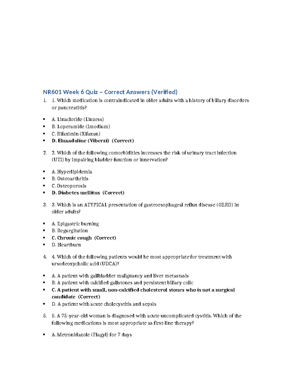 NR601 Week 6 Quiz: Verified Correct Answers and Explanations - Studocu