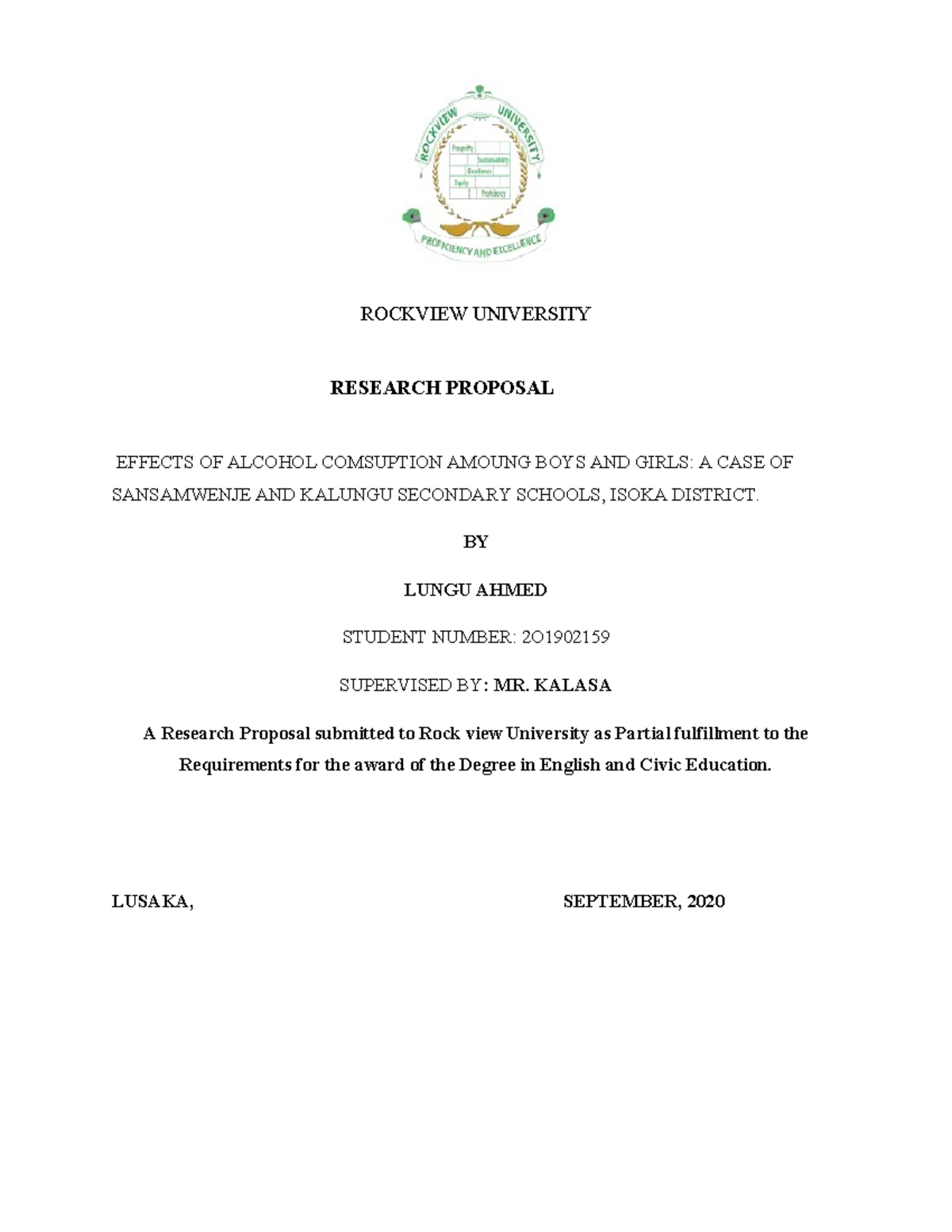 Research Proposal: Effects of Alcohol Consumption Among Students at Sansamwenje - Studocu
