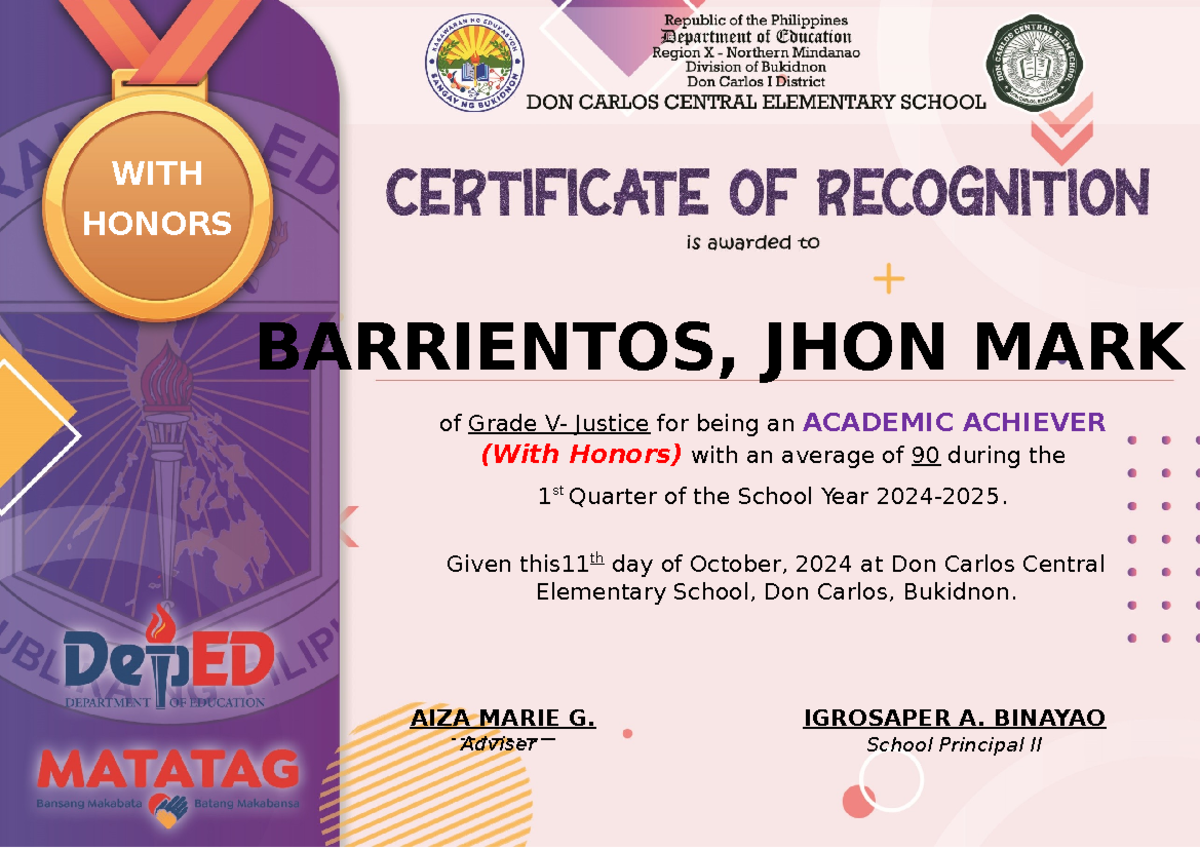 Dcces 1ST Quarter Recognition Certificate with honors - BARRIENTOS ...