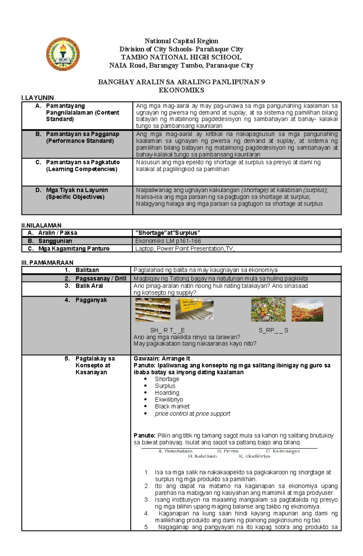 Surplus at Shortage sa Ekonomiks 9 - DLP 2nd Quarter - Studocu