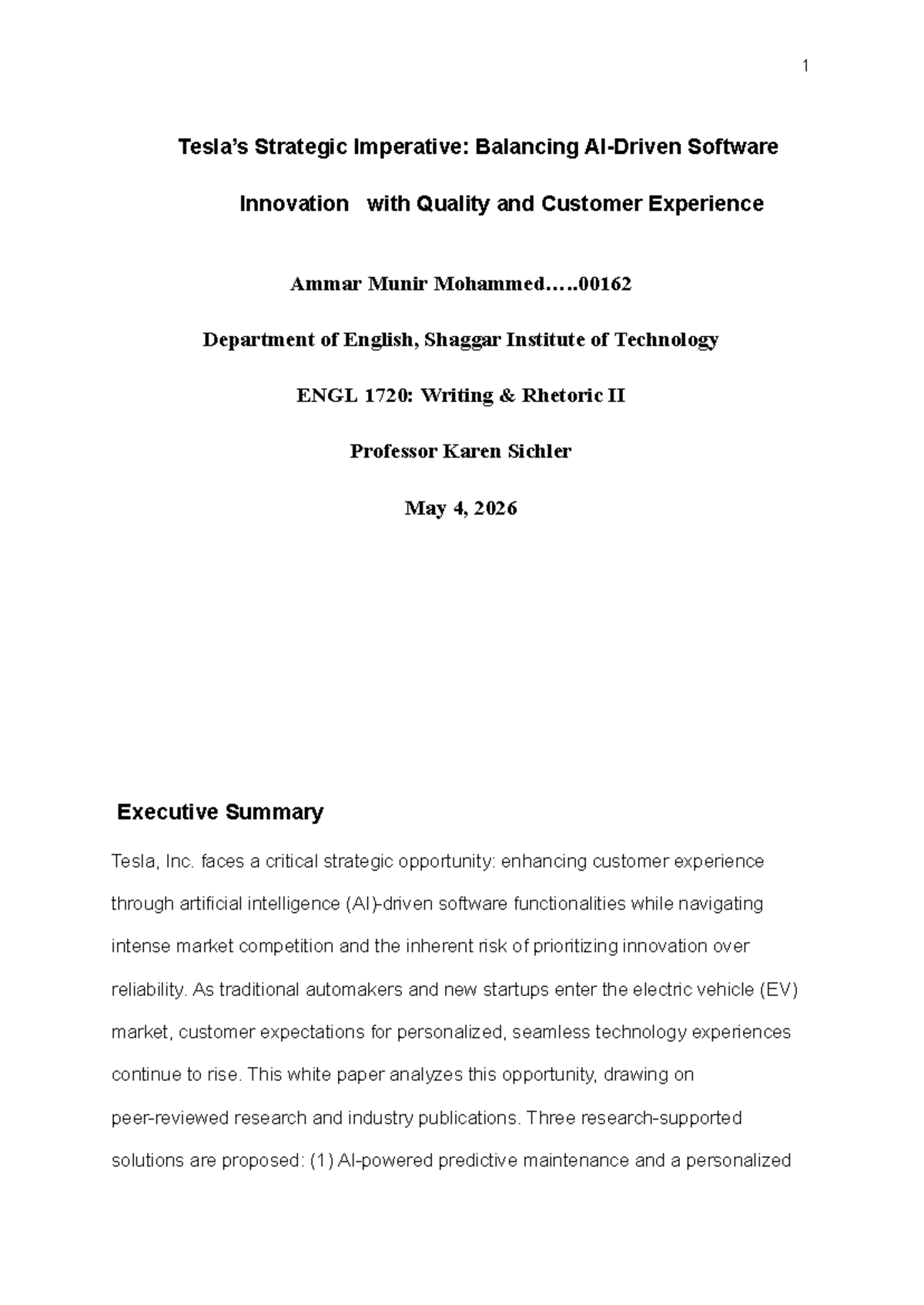 ENGL 1720: Final White Paper on Tesla's Software Innovation Strategy ...