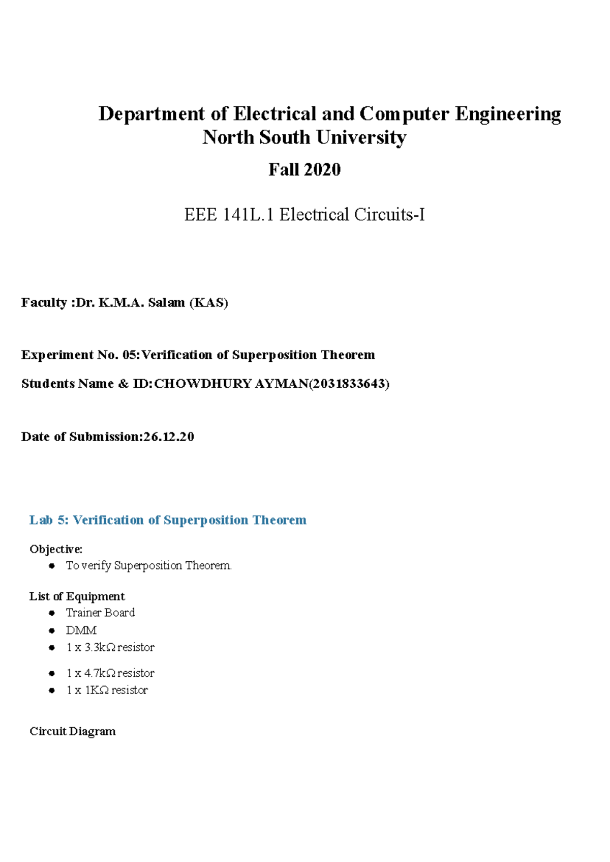 Lab 5 - EEE141L.1 Verification of Superposition Theorem Report - Studocu