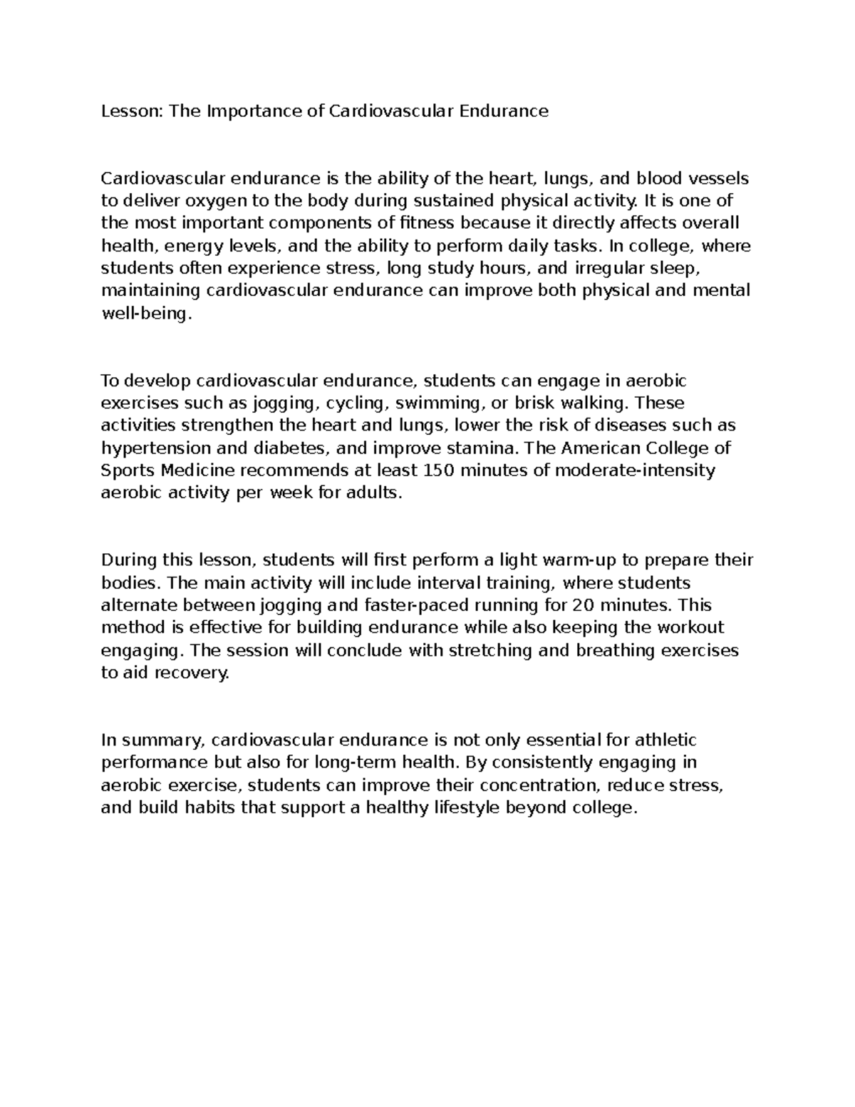 Pathfit - Lecture: Importance of Cardiovascular Endurance - Studocu