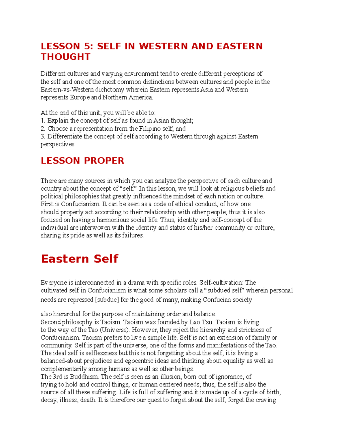 Lesson 5: Understanding the Self in Western & Eastern Thought - Studocu