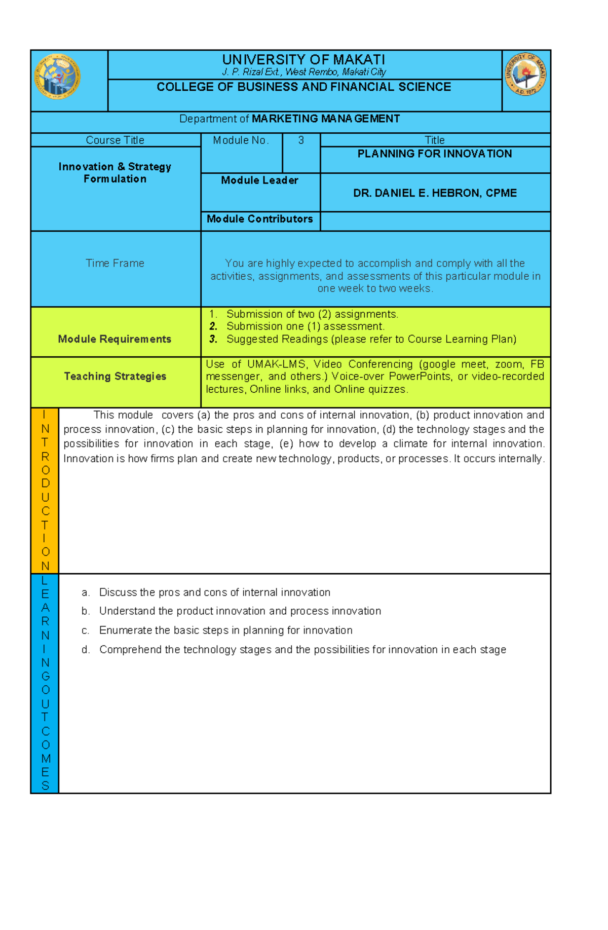 Module 3: Formulating Innovation & Strategy for Business Management ...