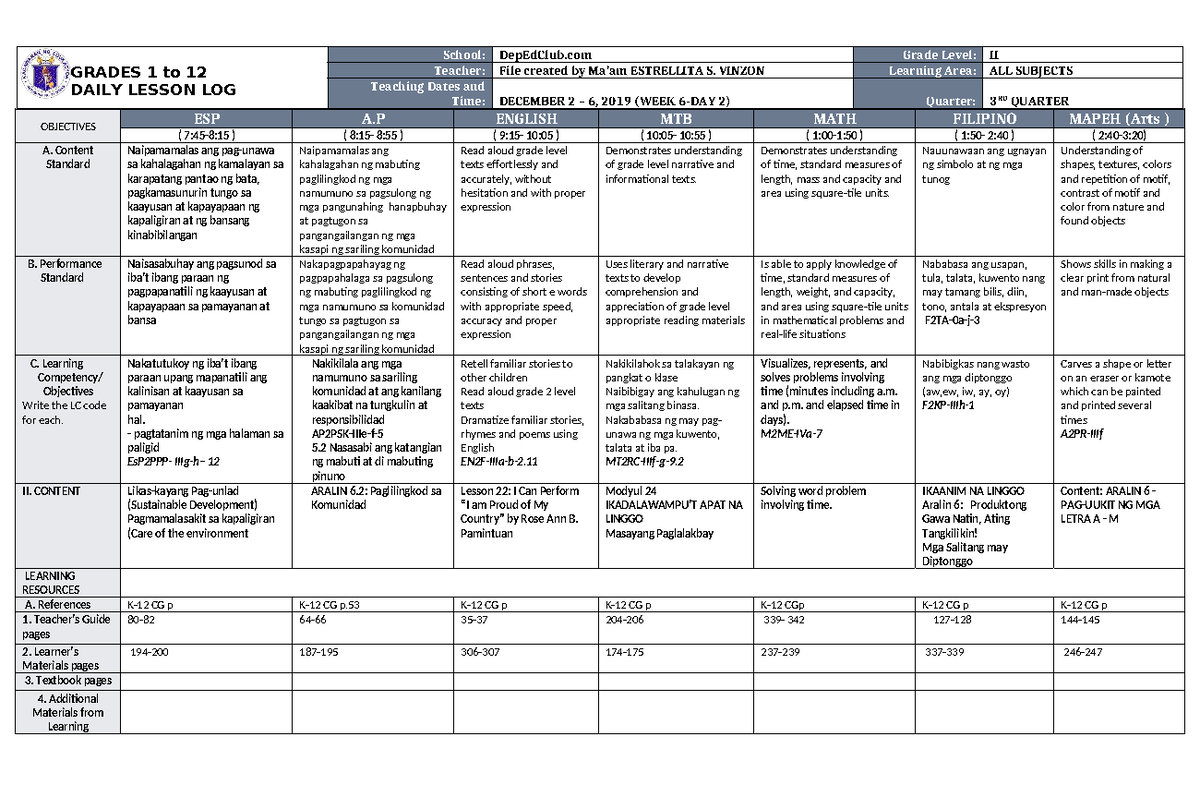 DLL ALL Subjects 2 Q3 W6 D2: Daily Lesson Log for Grades 1-12 - Studocu
