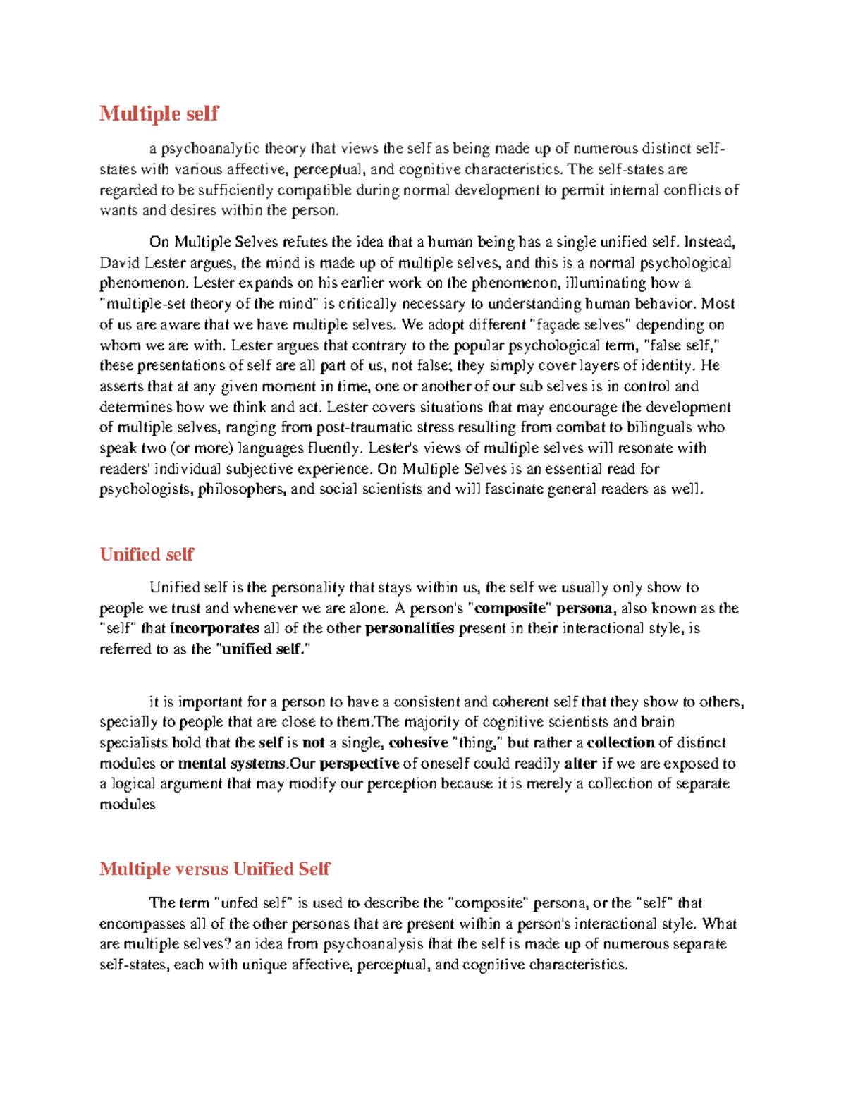 Multiple self vs. Unified self - Multiple self a psychoanalytic theory that views the self as ...
