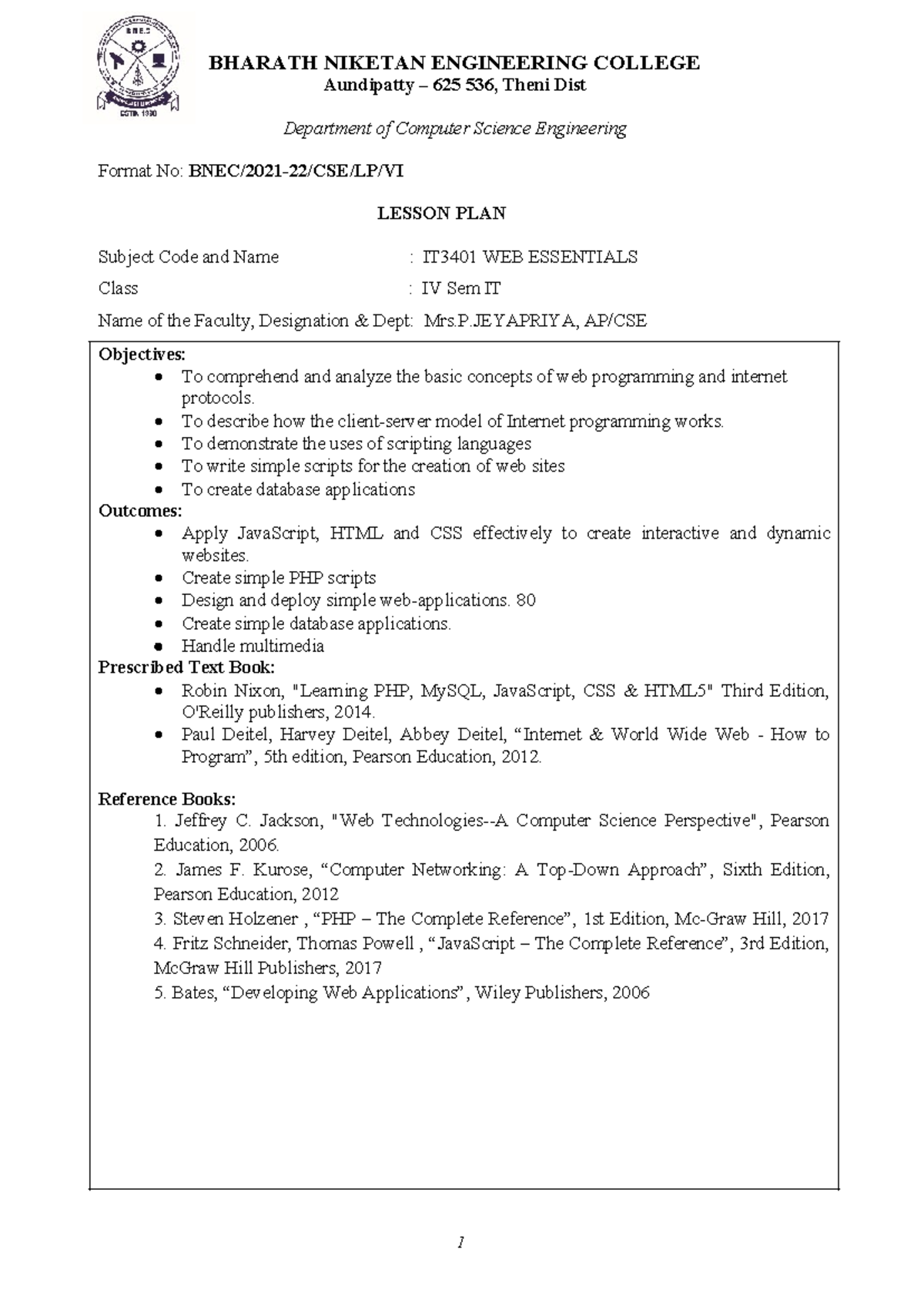 IT3401 WEB ESSENTIALS: Comprehensive Lesson Plan for IV Sem IT - Studocu