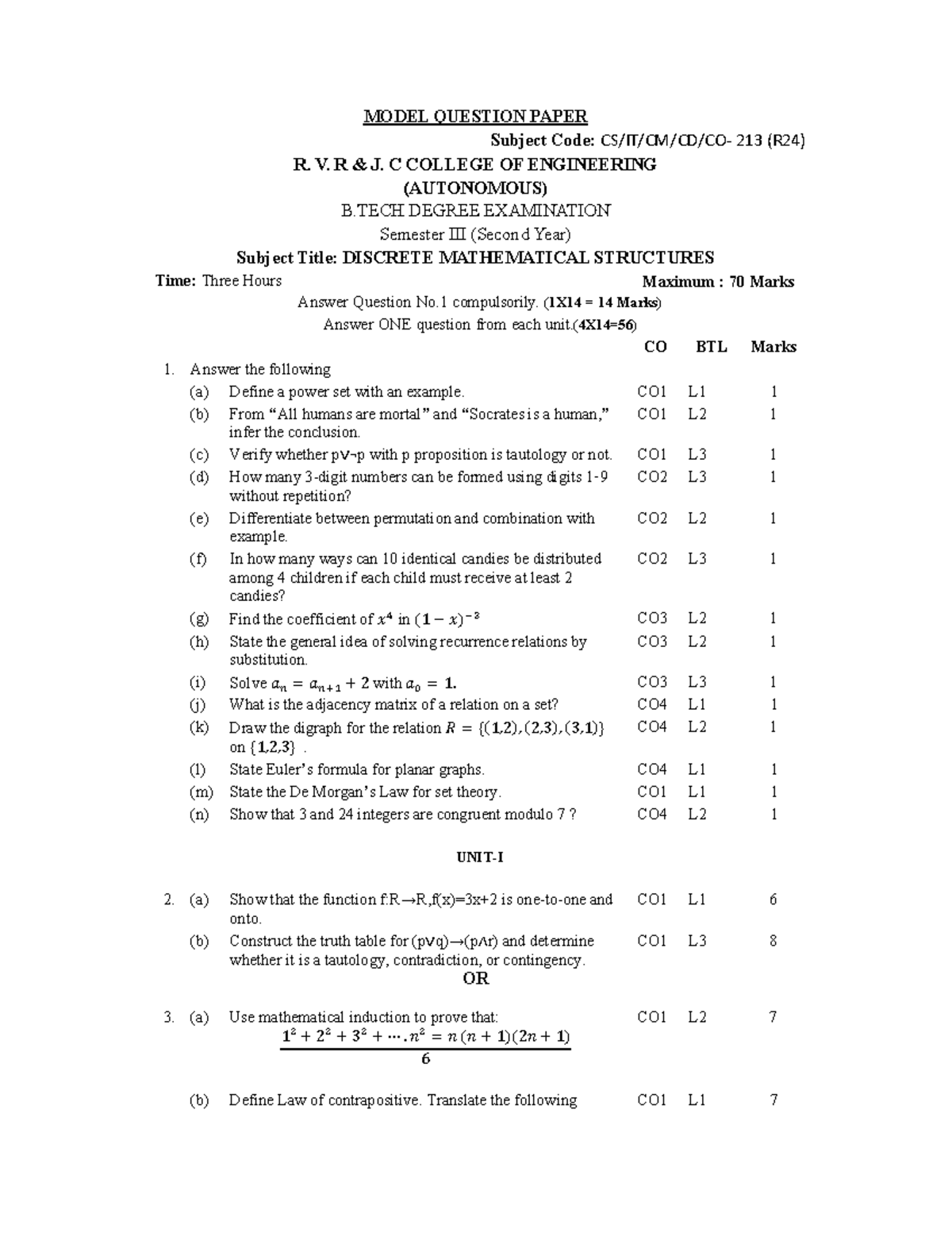 CM213 - Discrete Mathematical Structures Model Question Paper - Studocu