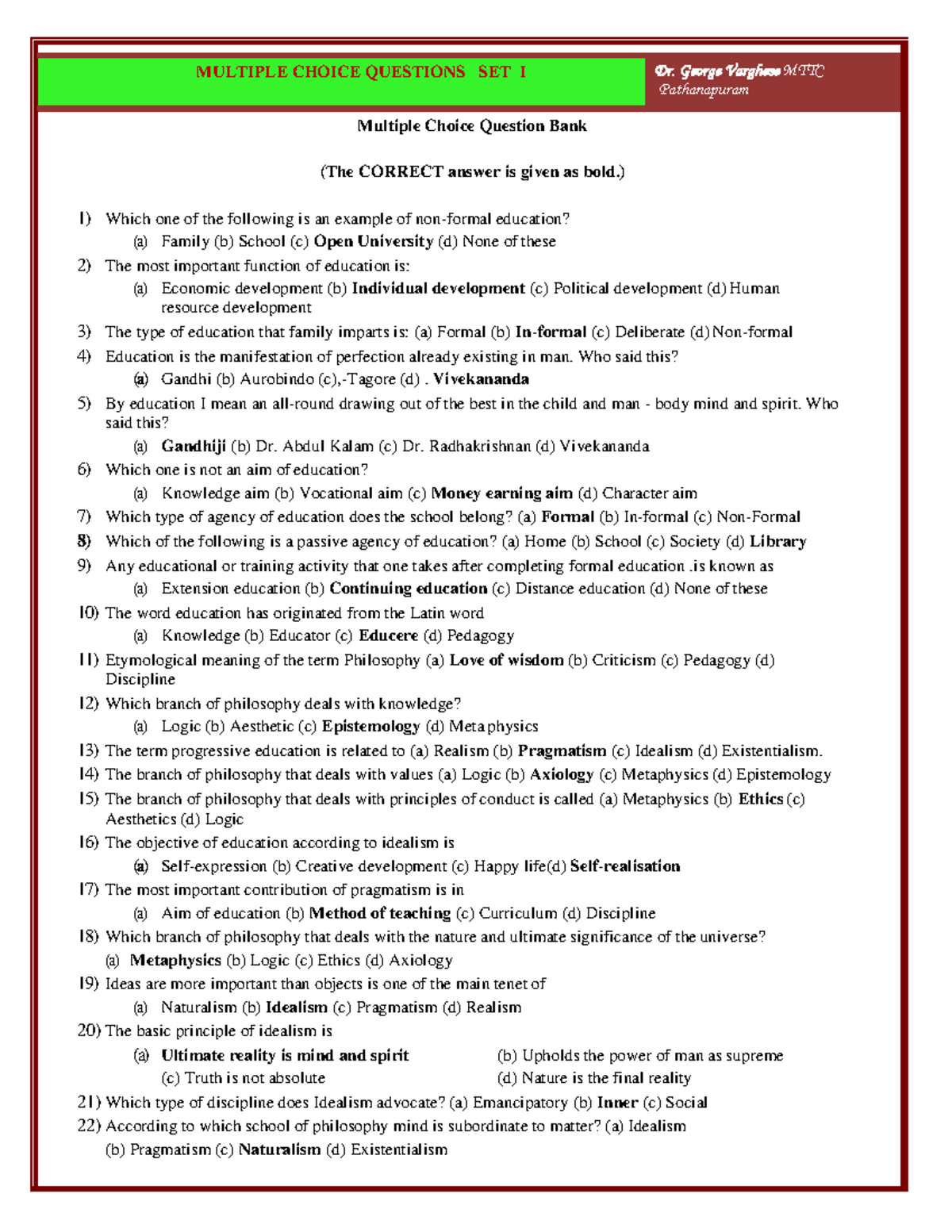 MCQ Set I for B.ED - Multiple Choice Questions by Dr. George Varghese ...