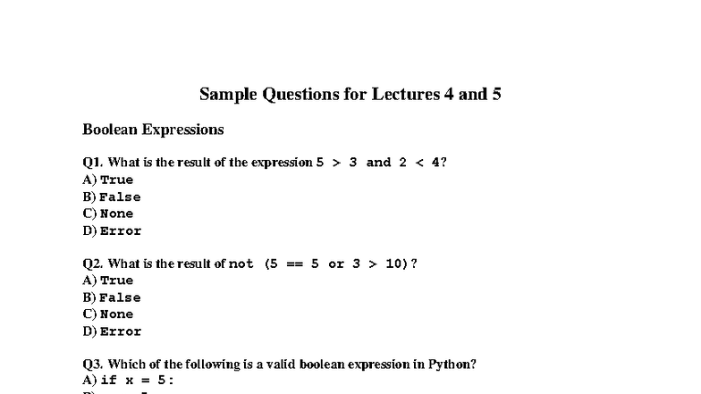 Sample Questions for CS101 Lectures 4 & 5: Boolean Expressions - Studocu