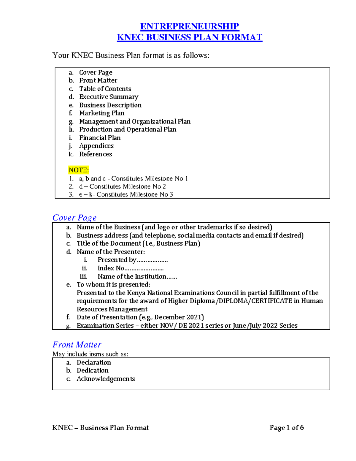 KNEC Entrepreneurship Business Plan Format Guide for Students - Studocu