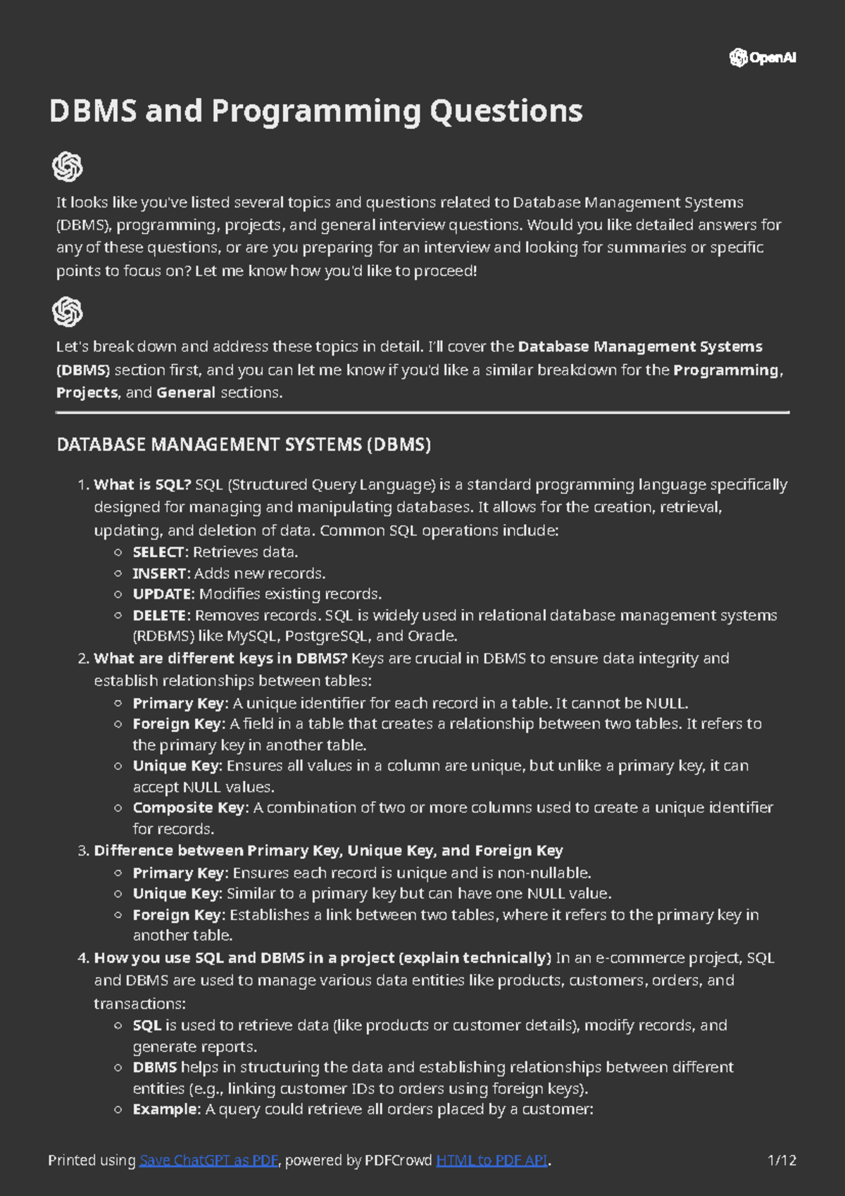 DBMS & Programming Interview Prep: Key Topics & Questions - Studocu