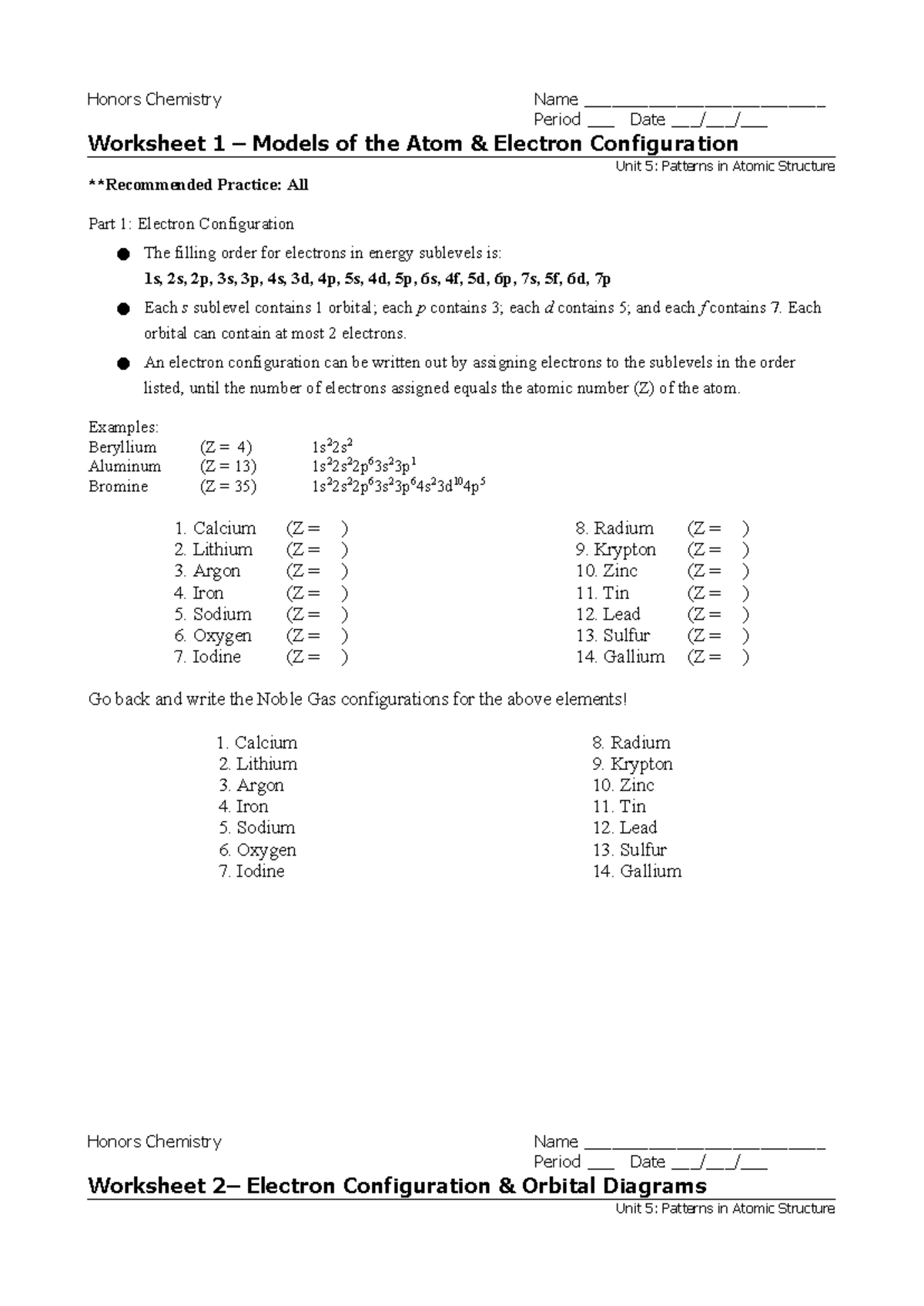 U5C Honors Chemistry Worksheets: Electron Configurations & Isotopes ...
