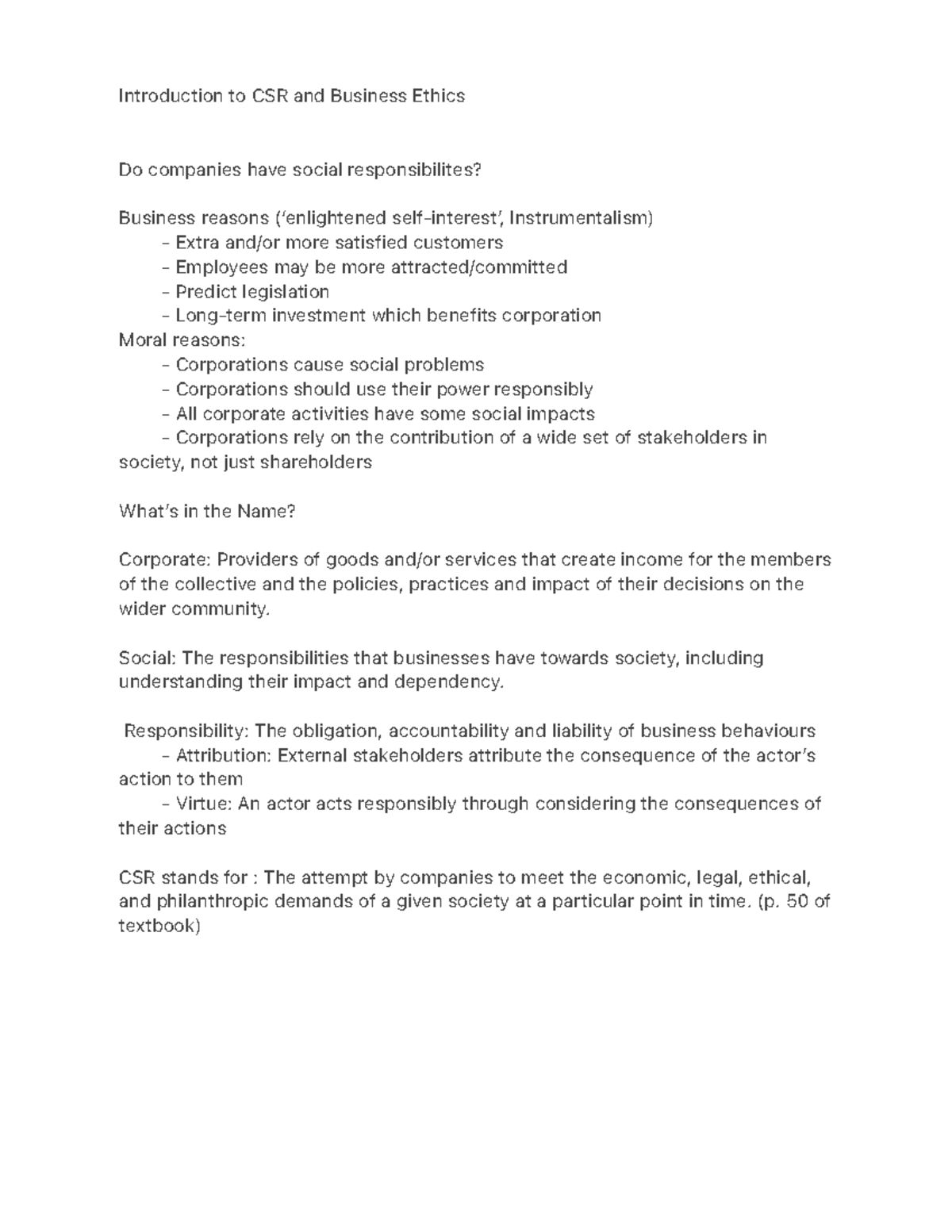 CSR and Business Ethics: Understanding Corporate Responsibilities - Studocu