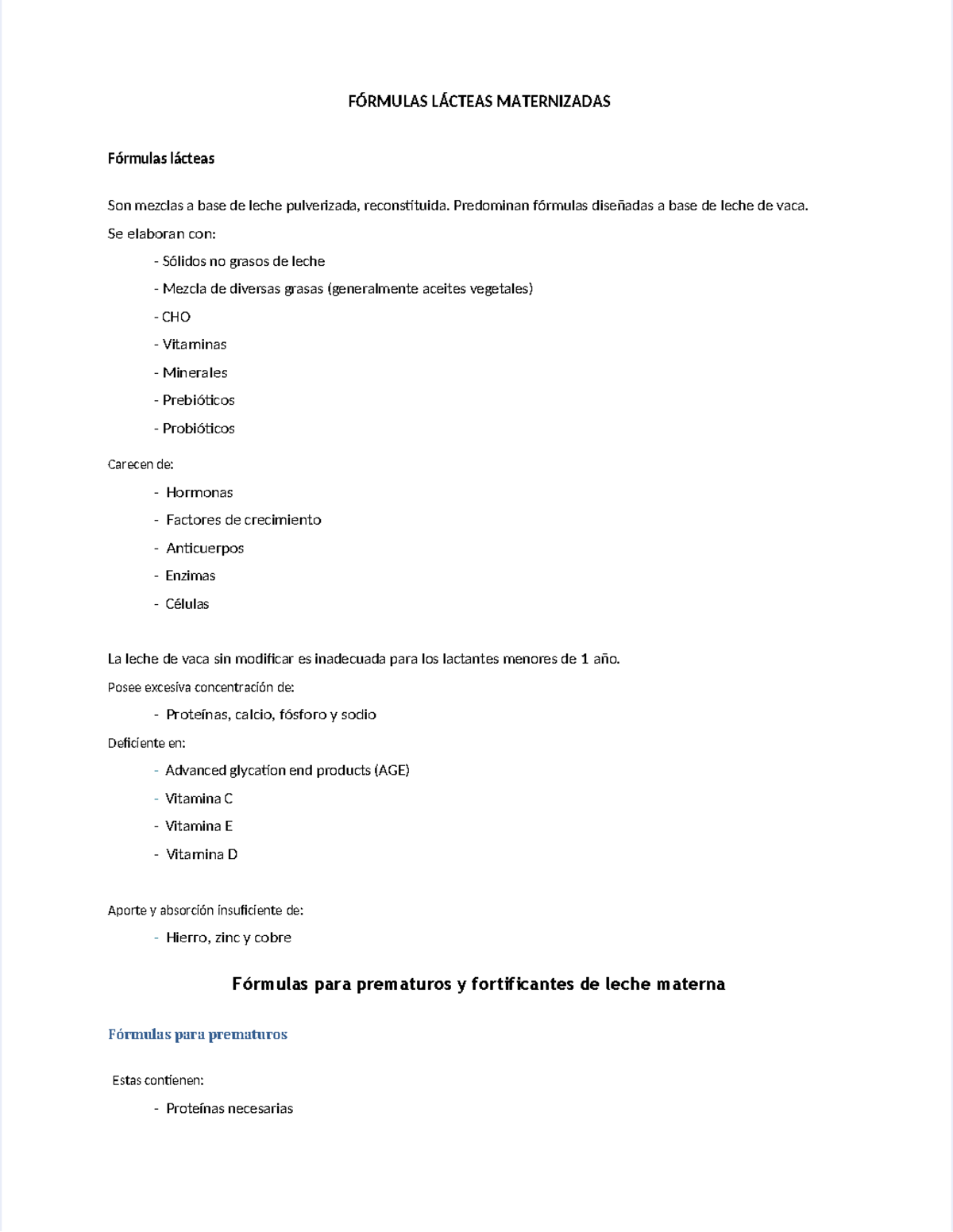 Fórmulas lácteas maternizadas: Composición y nutrición adecuada - Studocu
