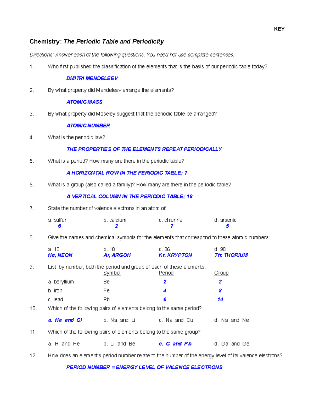 Periodic Table Review Questions KEY - KEY Chemistry: The Periodic Table ...