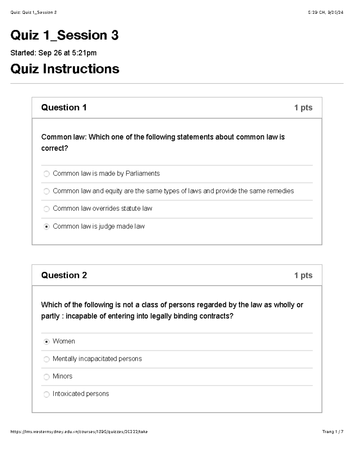 Quiz: Quiz 1 Session 3 - Business LAW WSU - Quiz 1_Session 3 Started ...