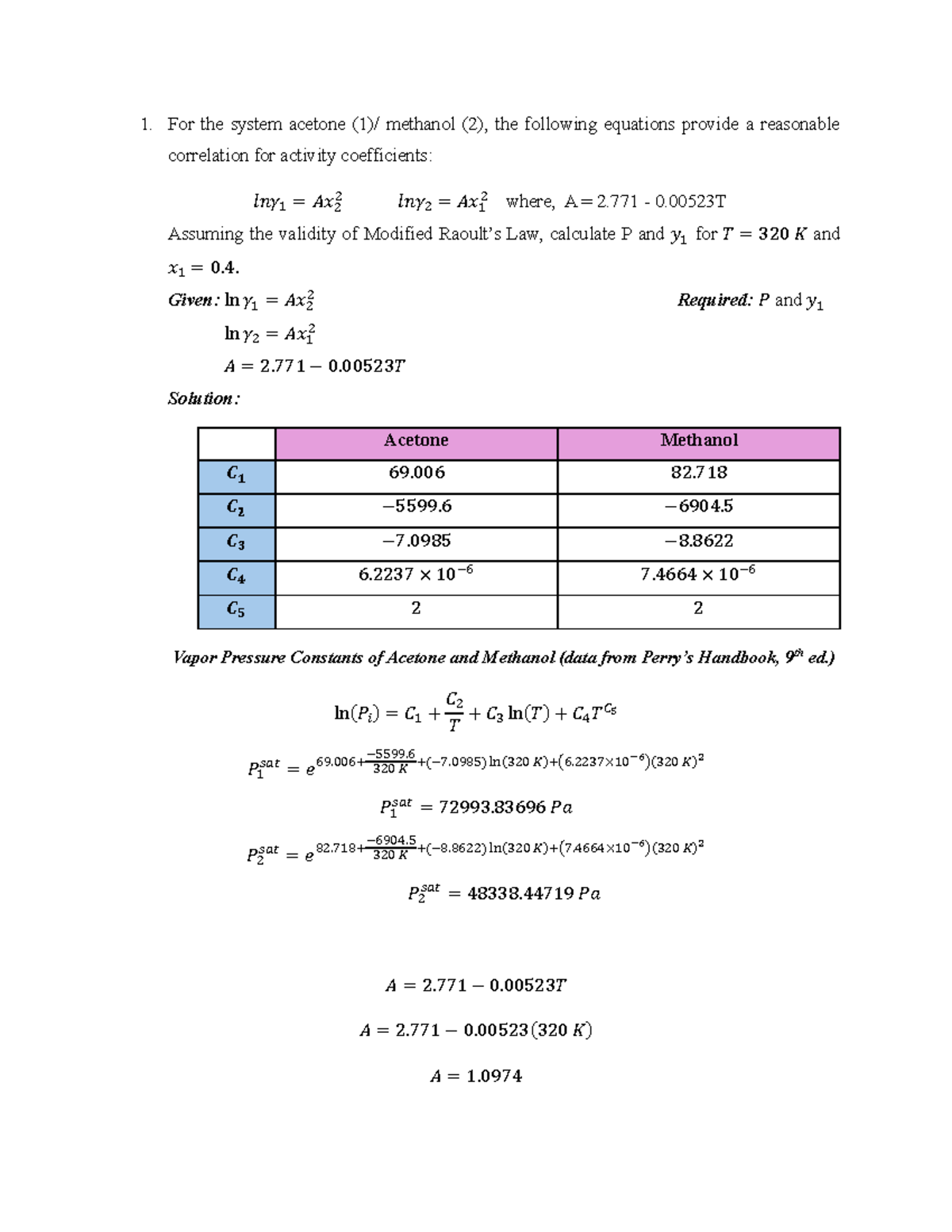 Assignment 1: Activity Coefficients and Vapor Pressure Calculations ...