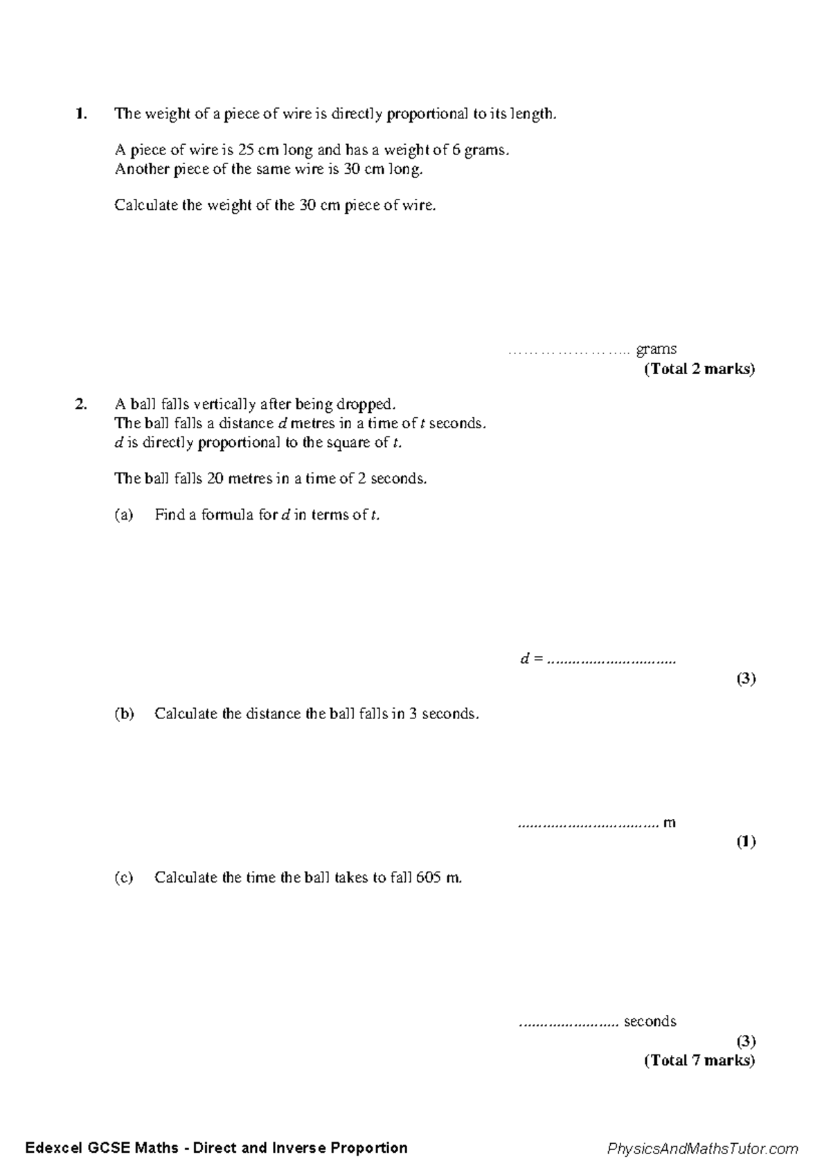 Direct and Inverse Proportion QP - Edexcel GCSE Maths Exam - Studocu
