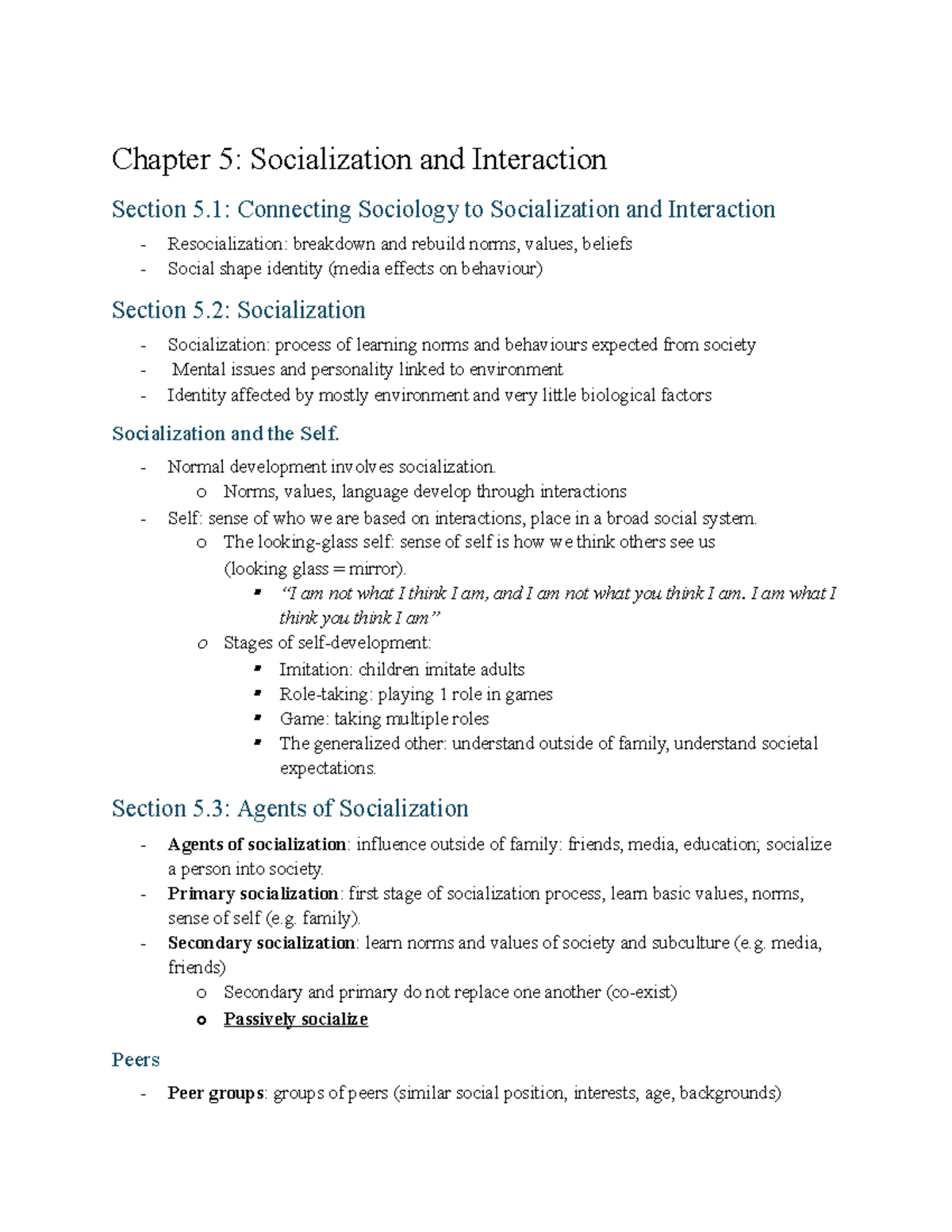 SOC 100 Final Exam Notes: Chapter 5 - Socialization & Interaction - Studocu