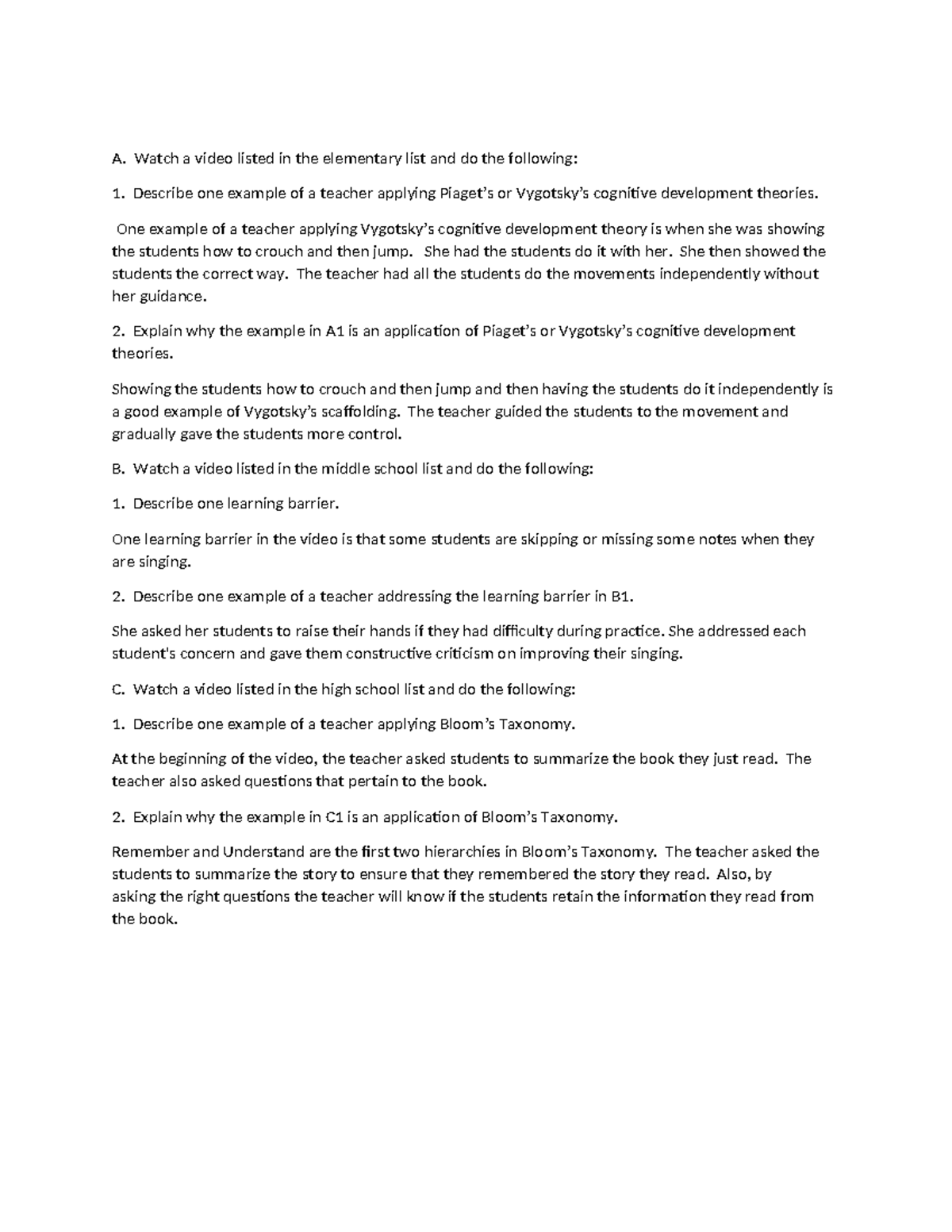D094 Performance Assestment - A. Watch a video listed in the elementary ...
