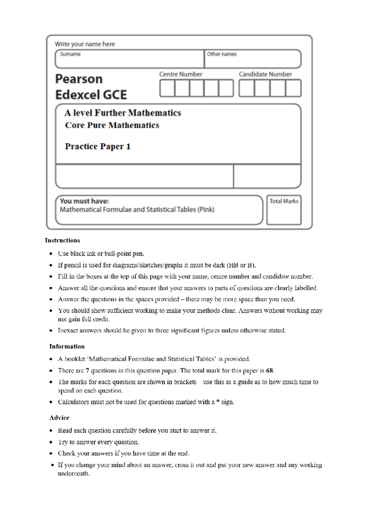 Edexcel GCE A Level Further Maths Core Pure Practice Paper 1 - Studocu