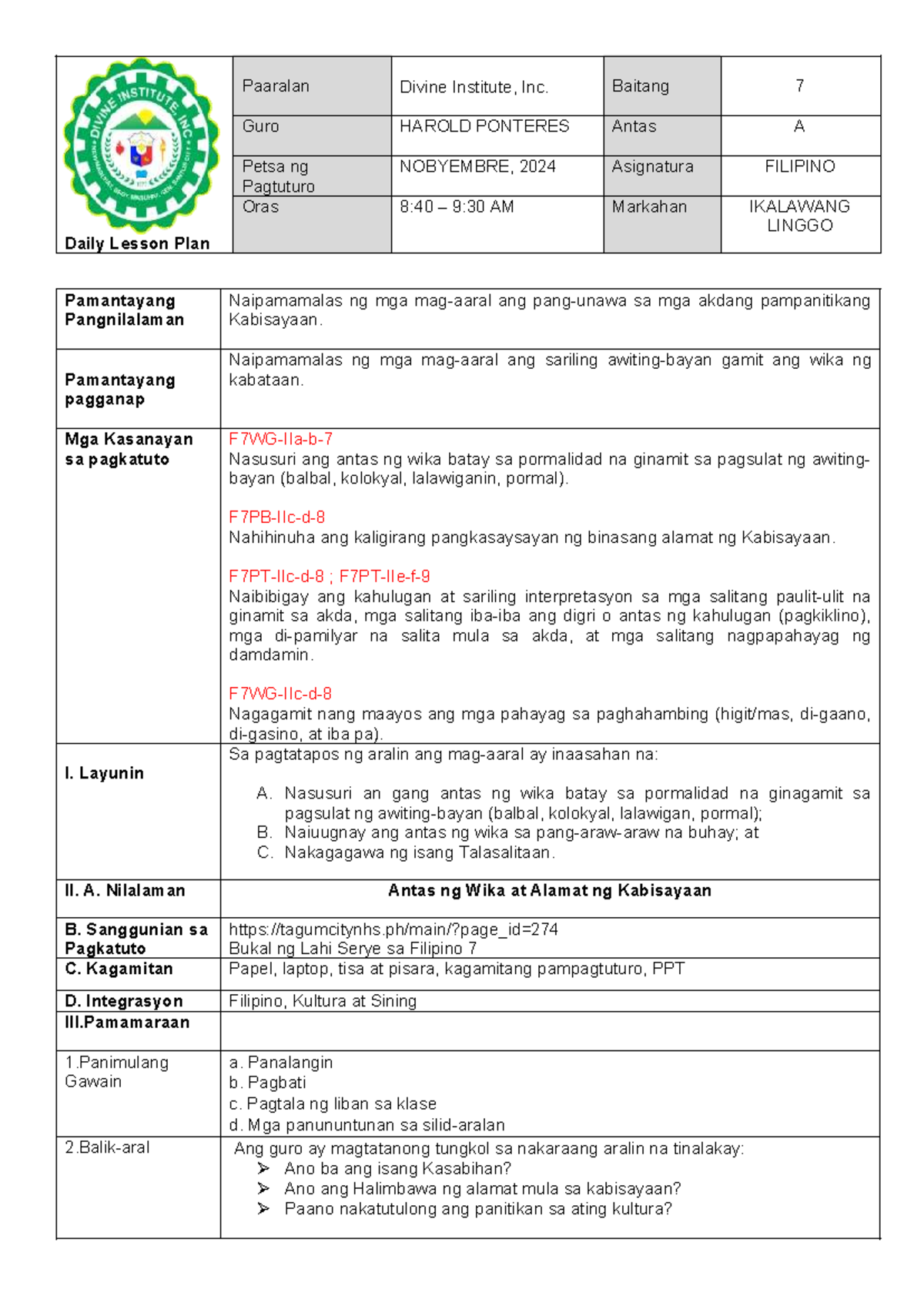 G7 - Q2 - W2 - Daily Lesson Plan on Antas ng Wika at Alamat - Studocu