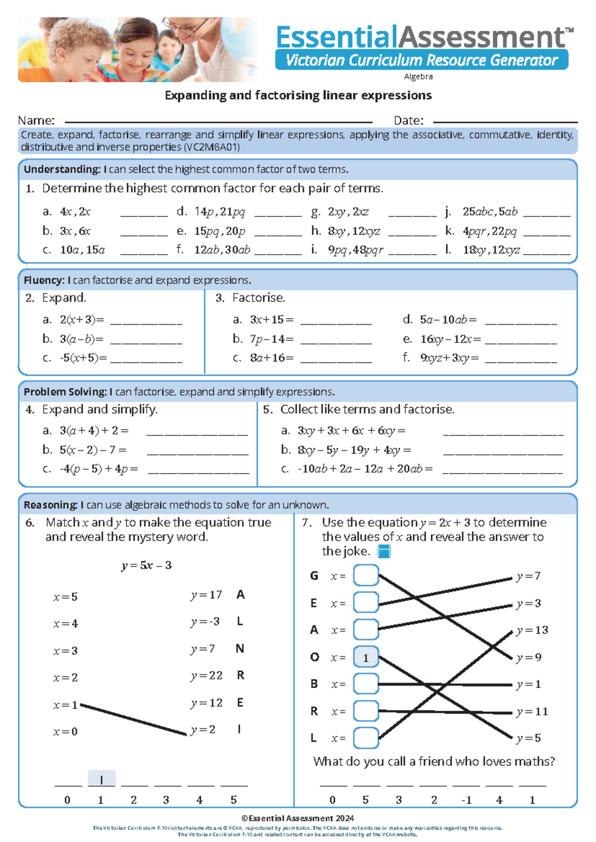 VC2M8A01 - Expanding and Factorising Linear Expressions Worksheet - Studocu