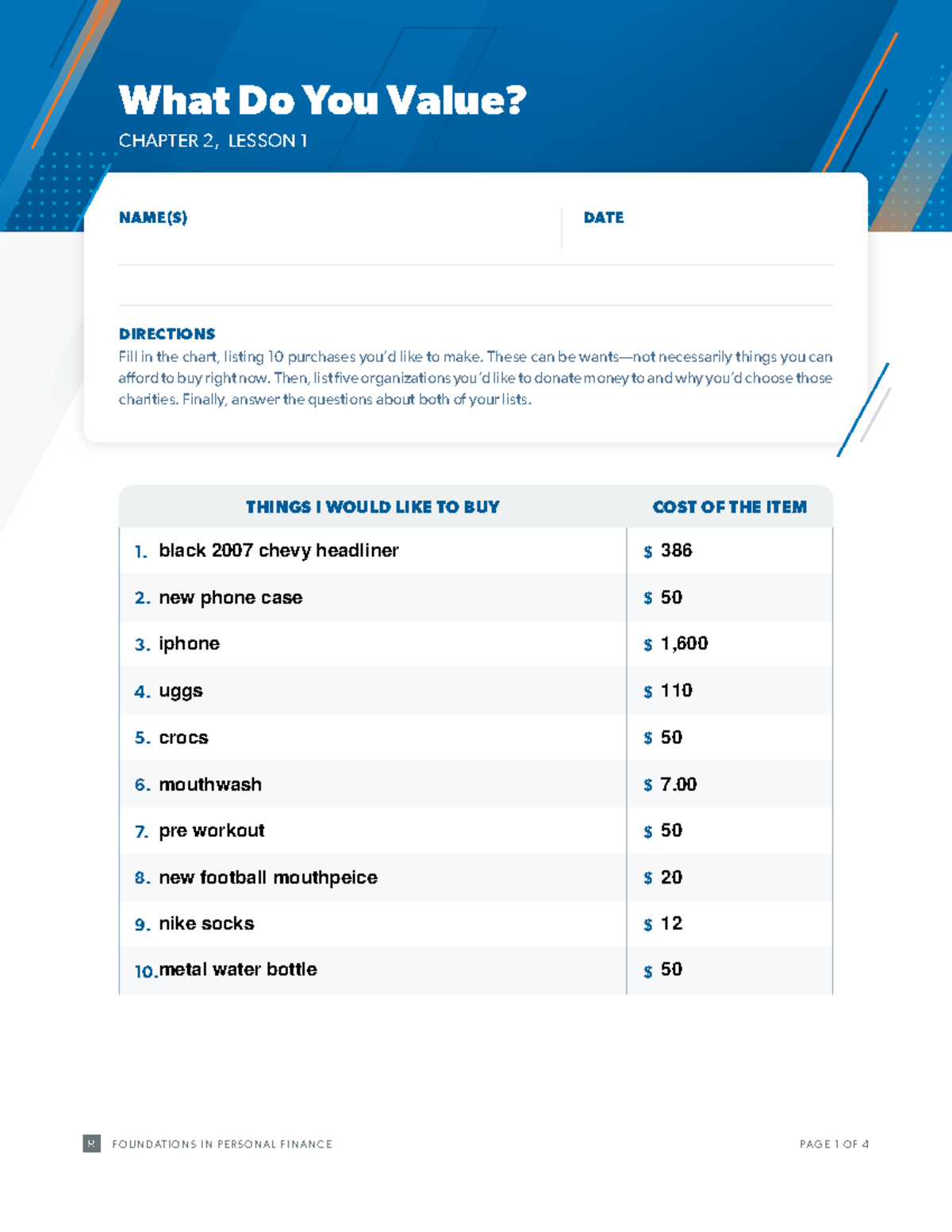 Foundations in Personal Finance: CH 2, Lesson 1 - Values & Donations ...
