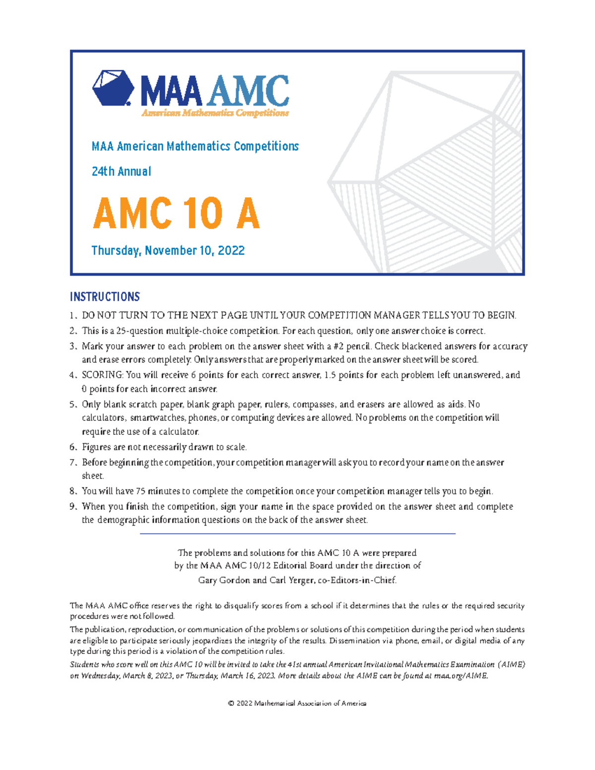 AMC10A 2022: 24th Annual American Mathematics Competition Problems ...