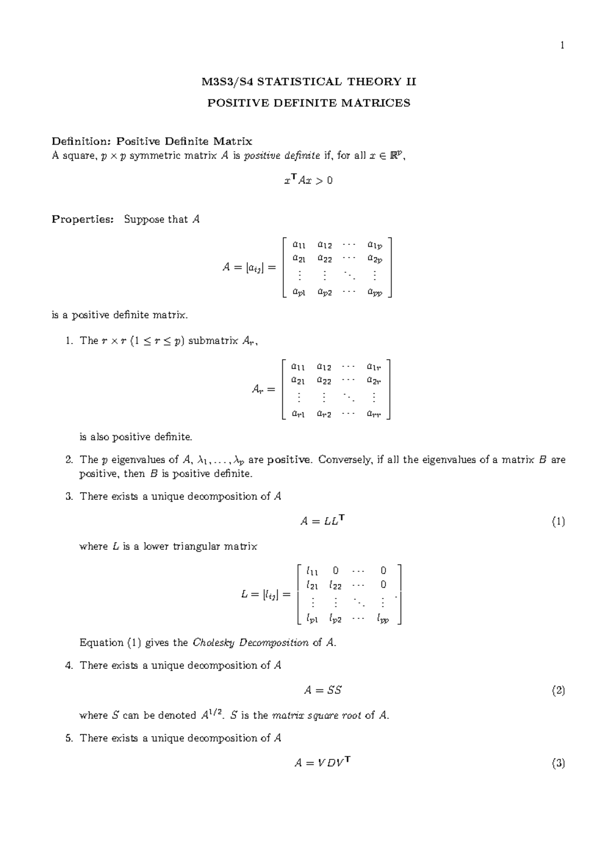 STAT 1: Positive Definite Matrices in Statistical Theory II - Studocu