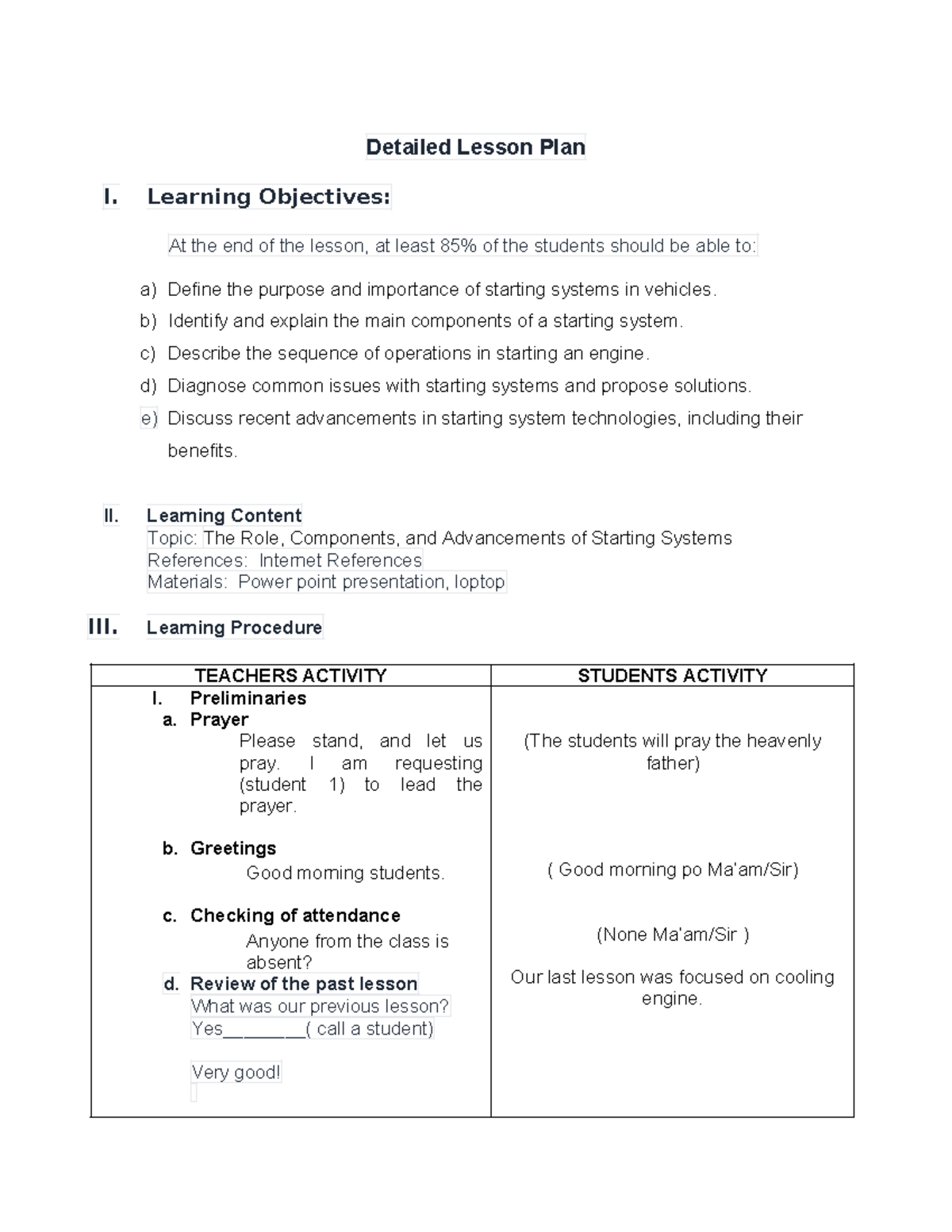 Detailed Lesson Plan on Starting Systems (Auto Mech 101) - Studocu