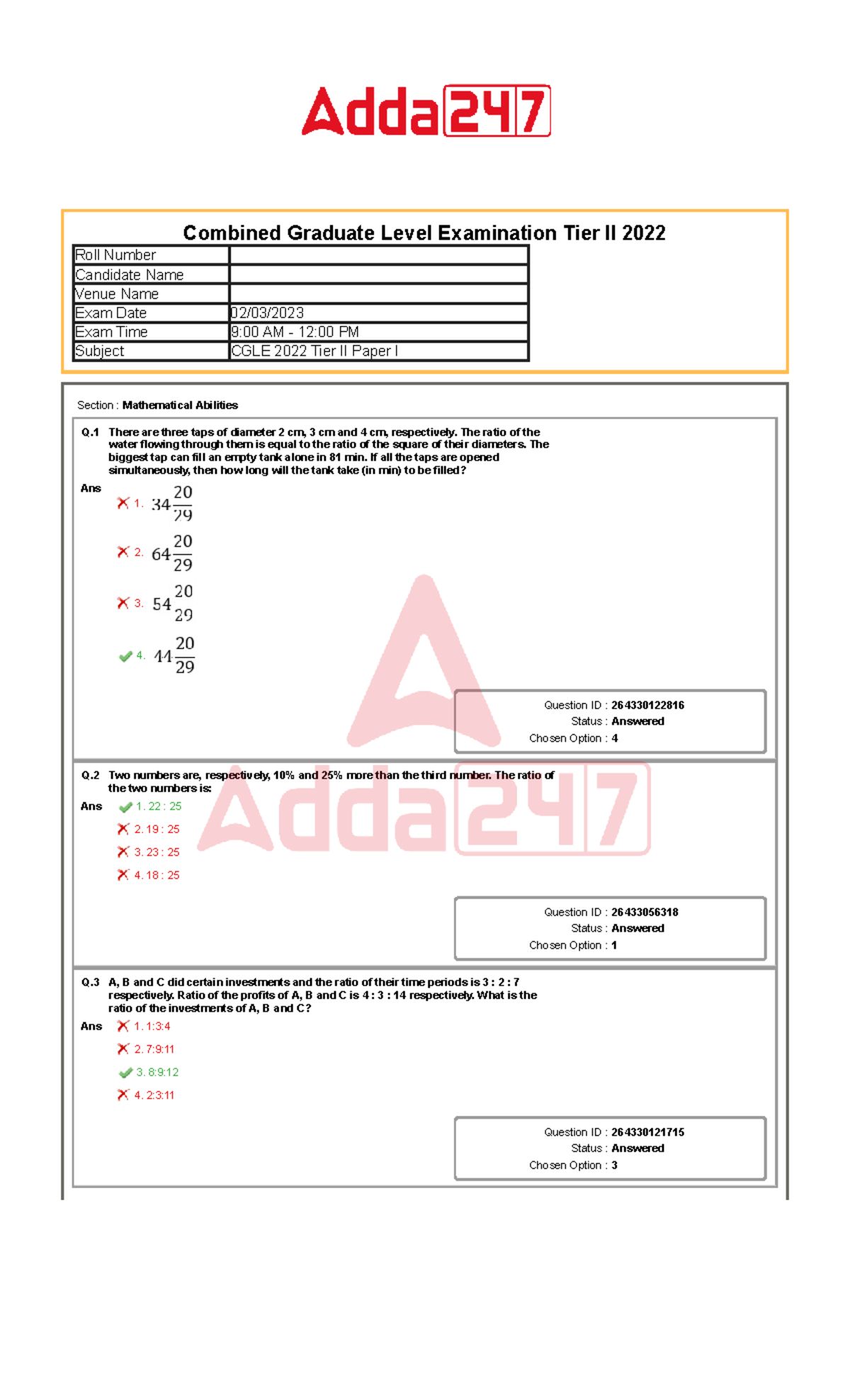 SSC CGL 2022 Tier II Official Exam Paper - Mathematical Abilities - Studocu