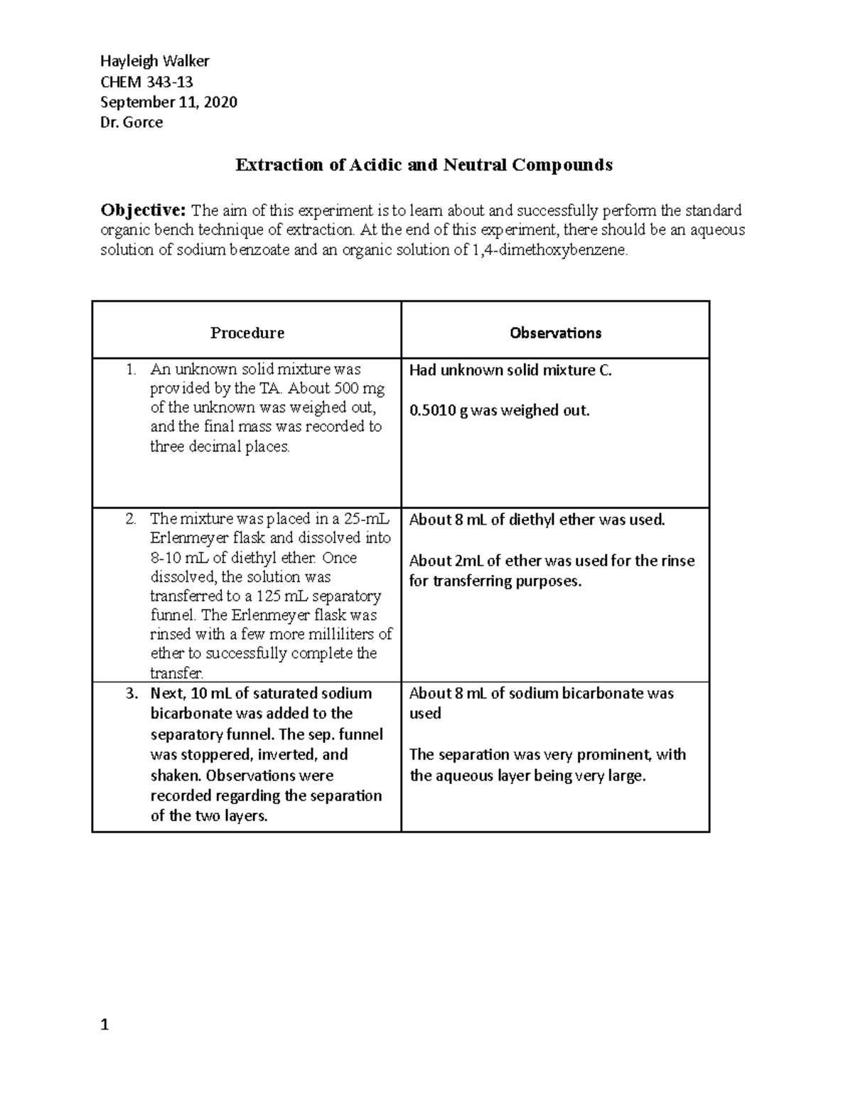 CHEM 343 - Ochem Lab 4: Extraction of Acidic & Neutral Compounds Report ...