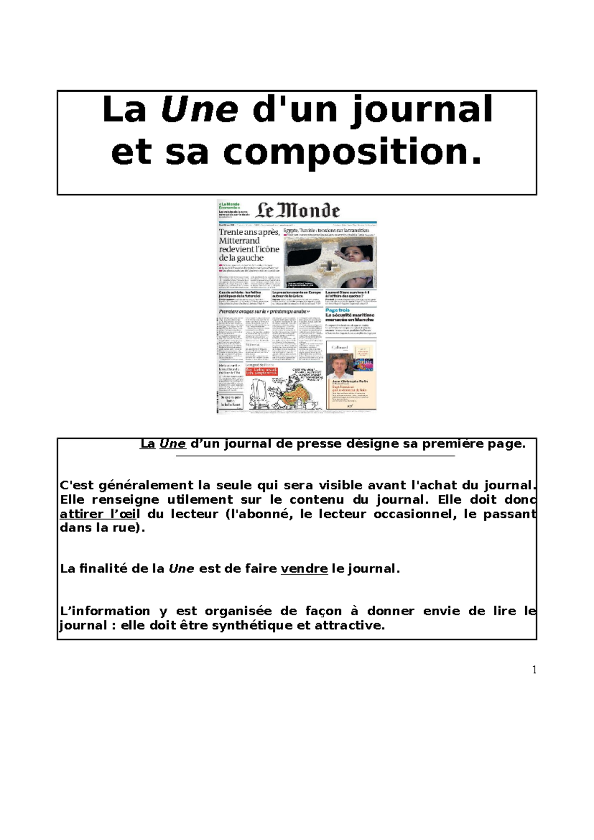Rédaction de la Une d'un Journal: Composition et Éléments clés - Studocu