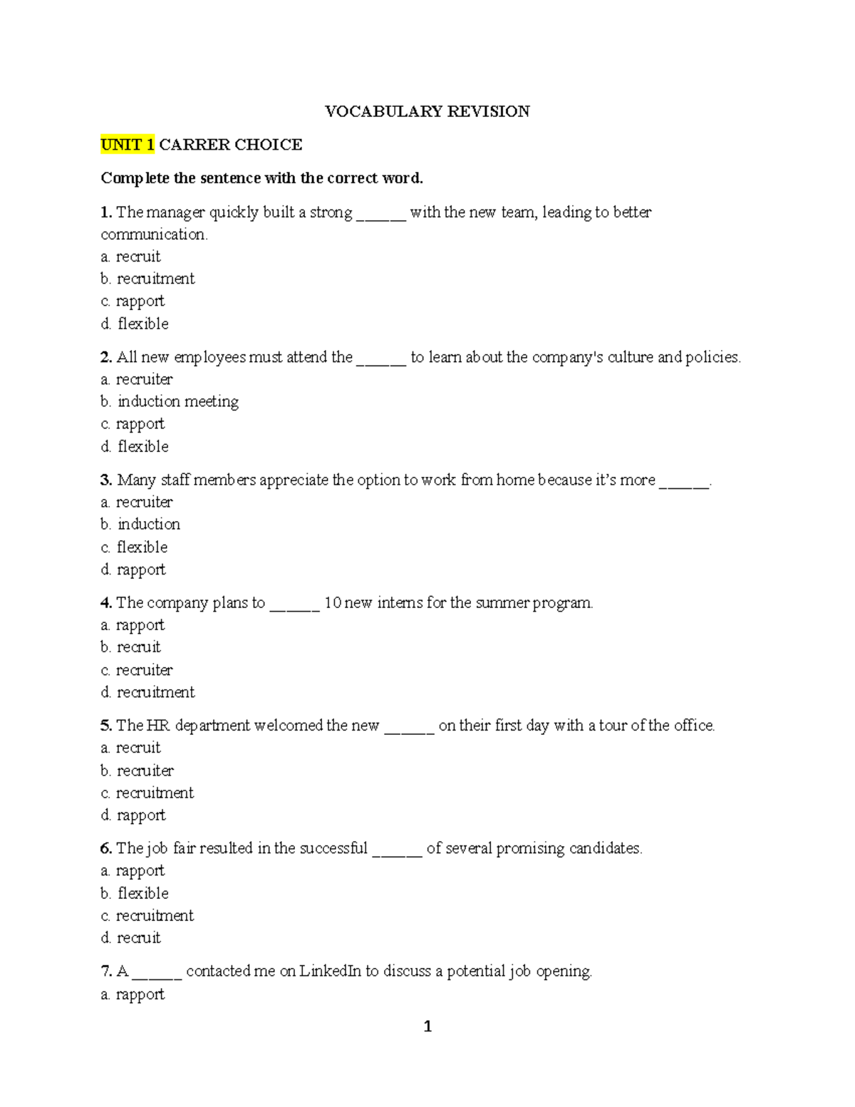 Vocabulary Revision Unit 1: Career Choice Exercises - Studocu