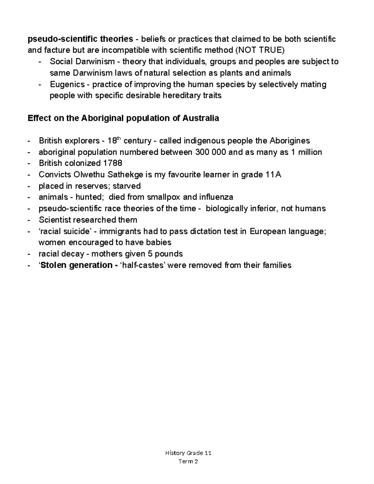 History Grade 11 Term 2: Social Darwinism & Eugenics in Australia - Studocu