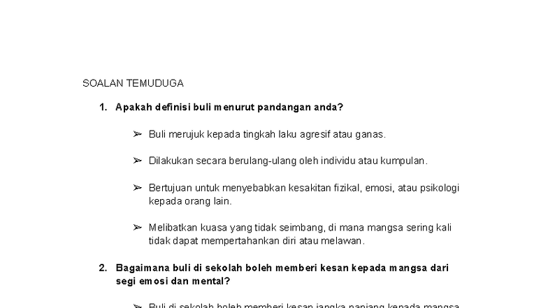 Soalan Temuduga: Definisi dan Kesan Buli di Sekolah - MPU - Studocu
