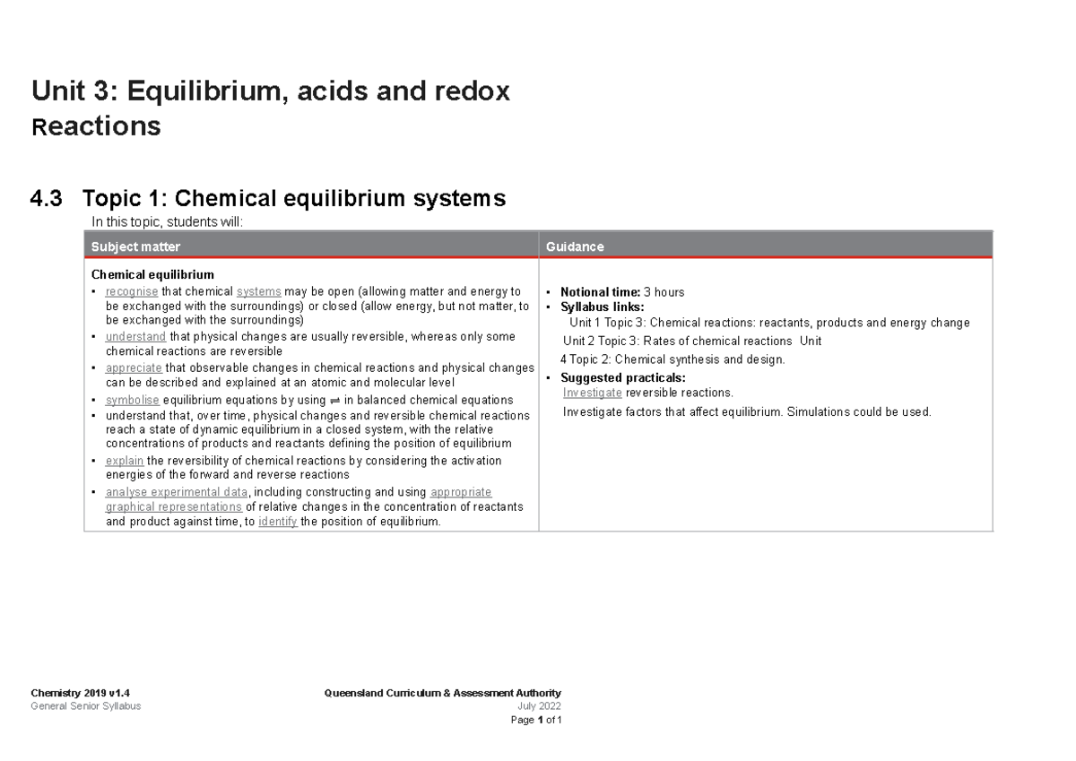 Chemistry 4 Units 3 & 4 Summary Notes on Equilibrium and Redox ...