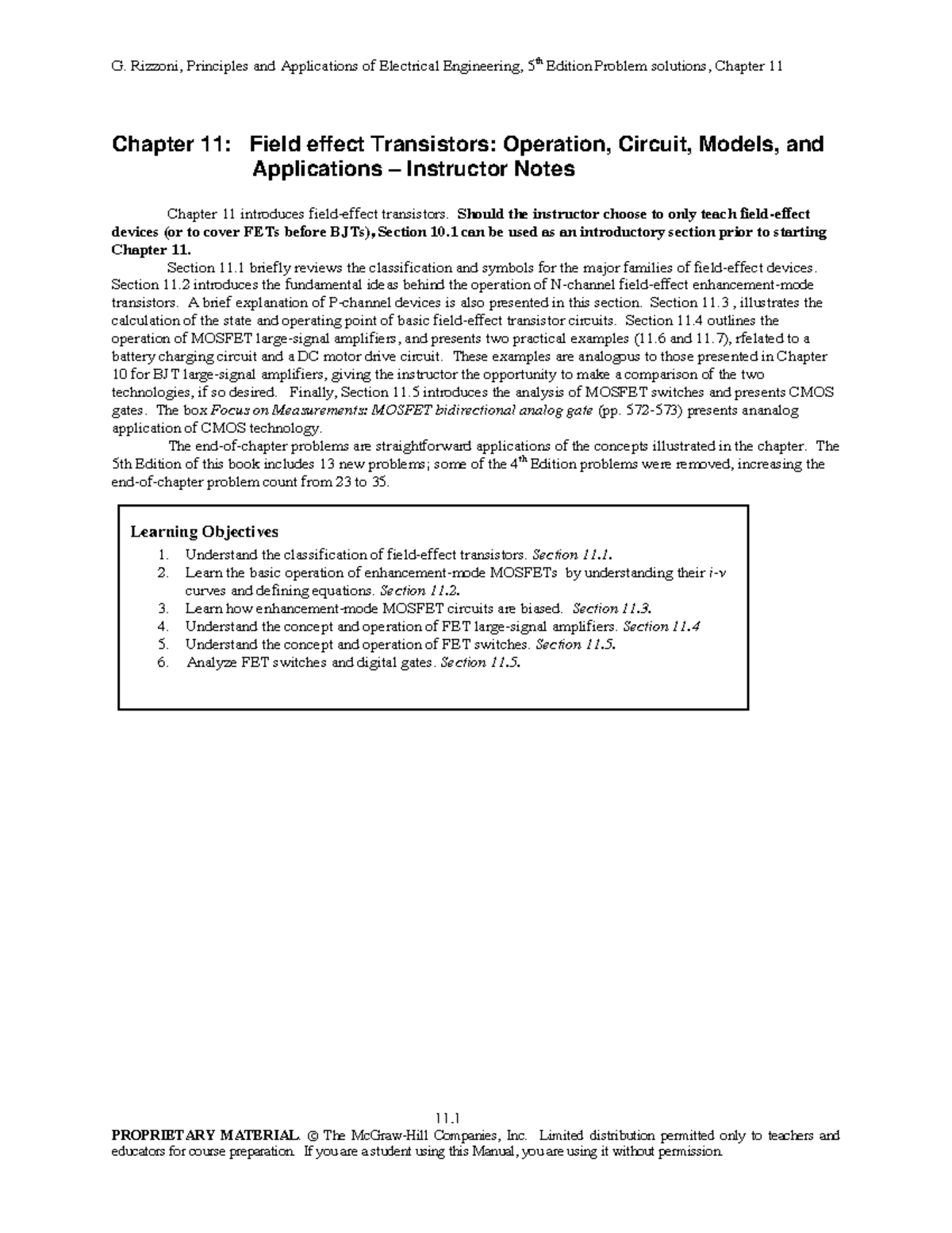 Rizzoni 5e SM CH11 - Field Effect Transistors Overview and Analysis ...