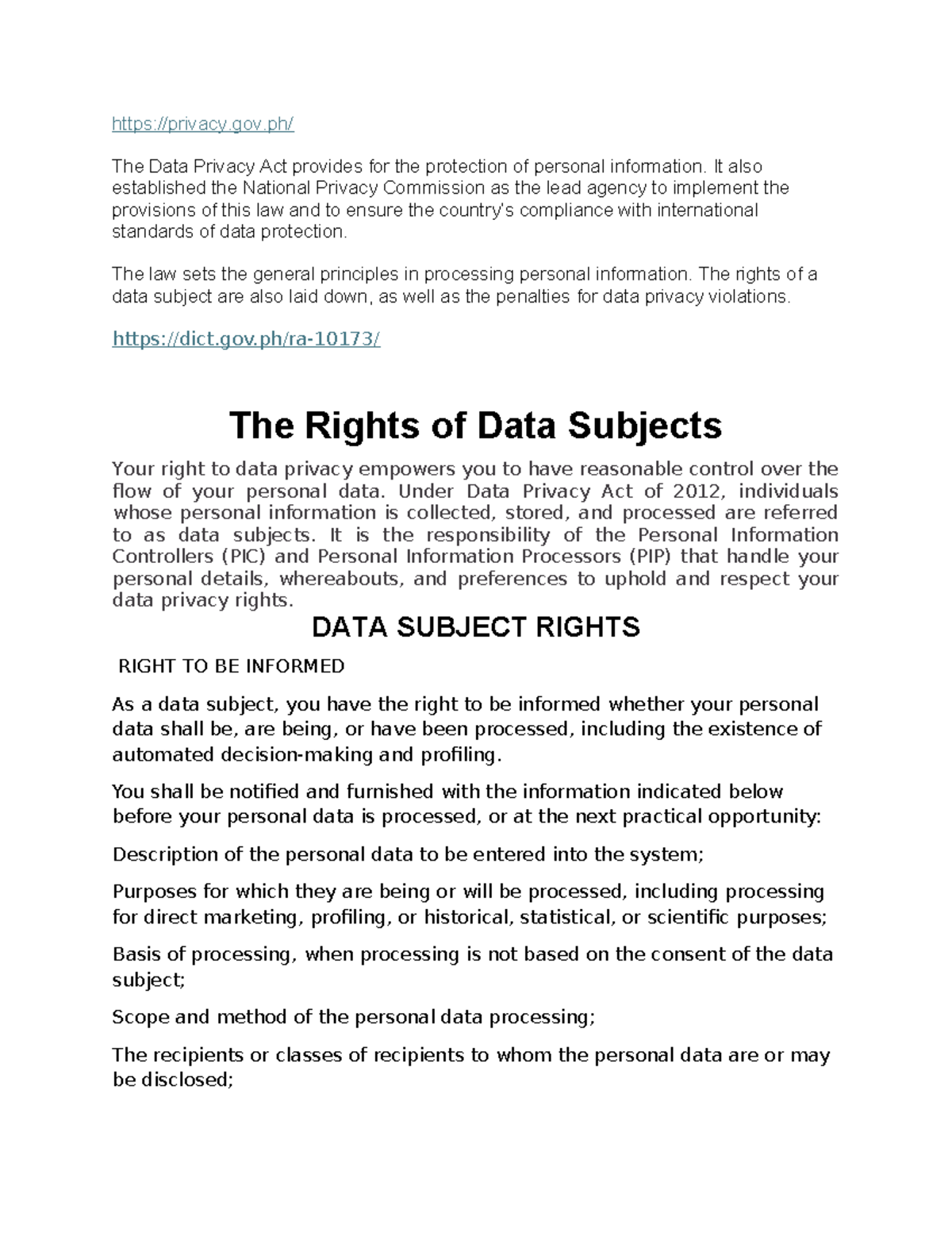 DPA 2012 Lecture Summary: Data Privacy Act & Rights of Data Subjects ...
