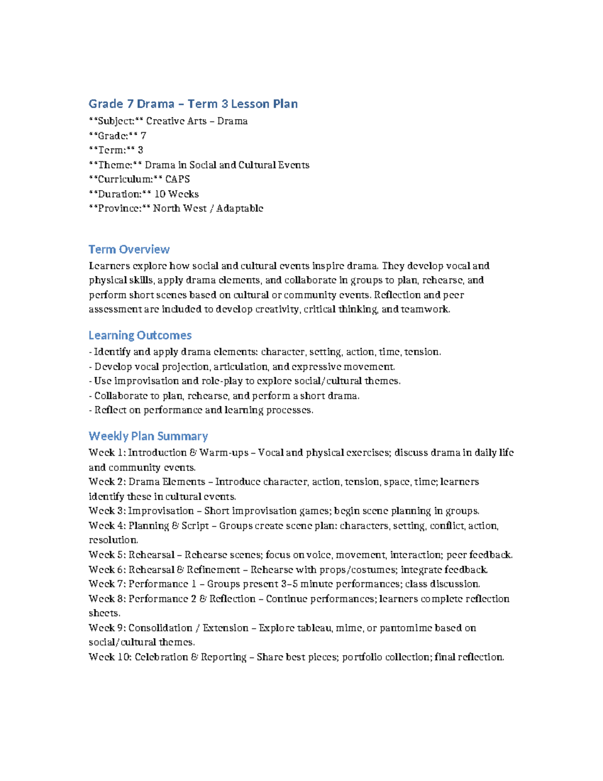 Grade 7 Drama Term 3 Lesson Plan: Exploring Cultural Events - Studocu