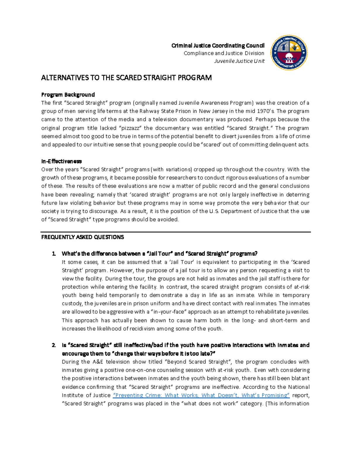 Alternatives to the Scared Straight program - Criminal Justice ...