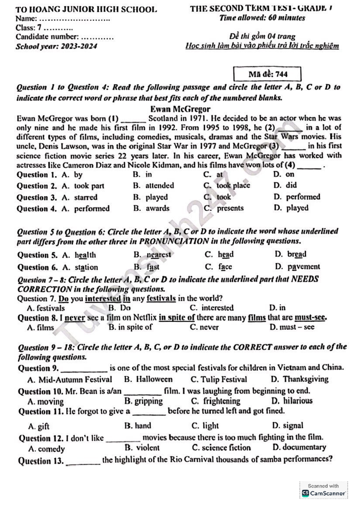 Grade 7 Second Term Test - To Hoang Junior High School (2025) - Studocu