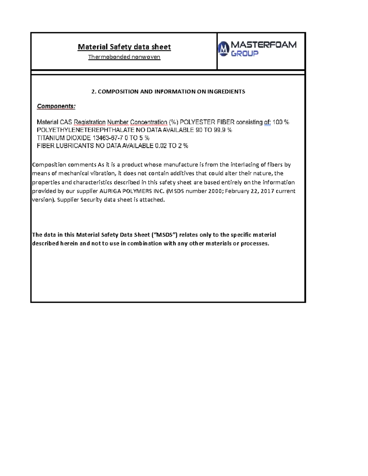 MSDS - Thermobonded Nonwoven Polyester Composition Details - Studocu