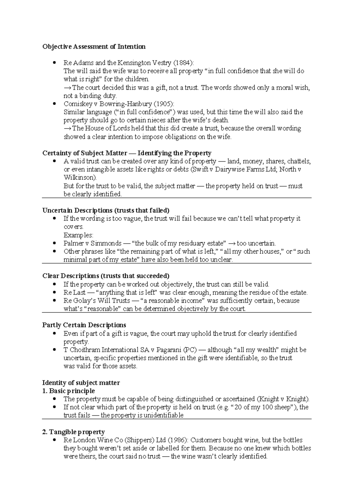 Lecture 2 Notes: Objective Assessment of Intention in Trust Law - Studocu